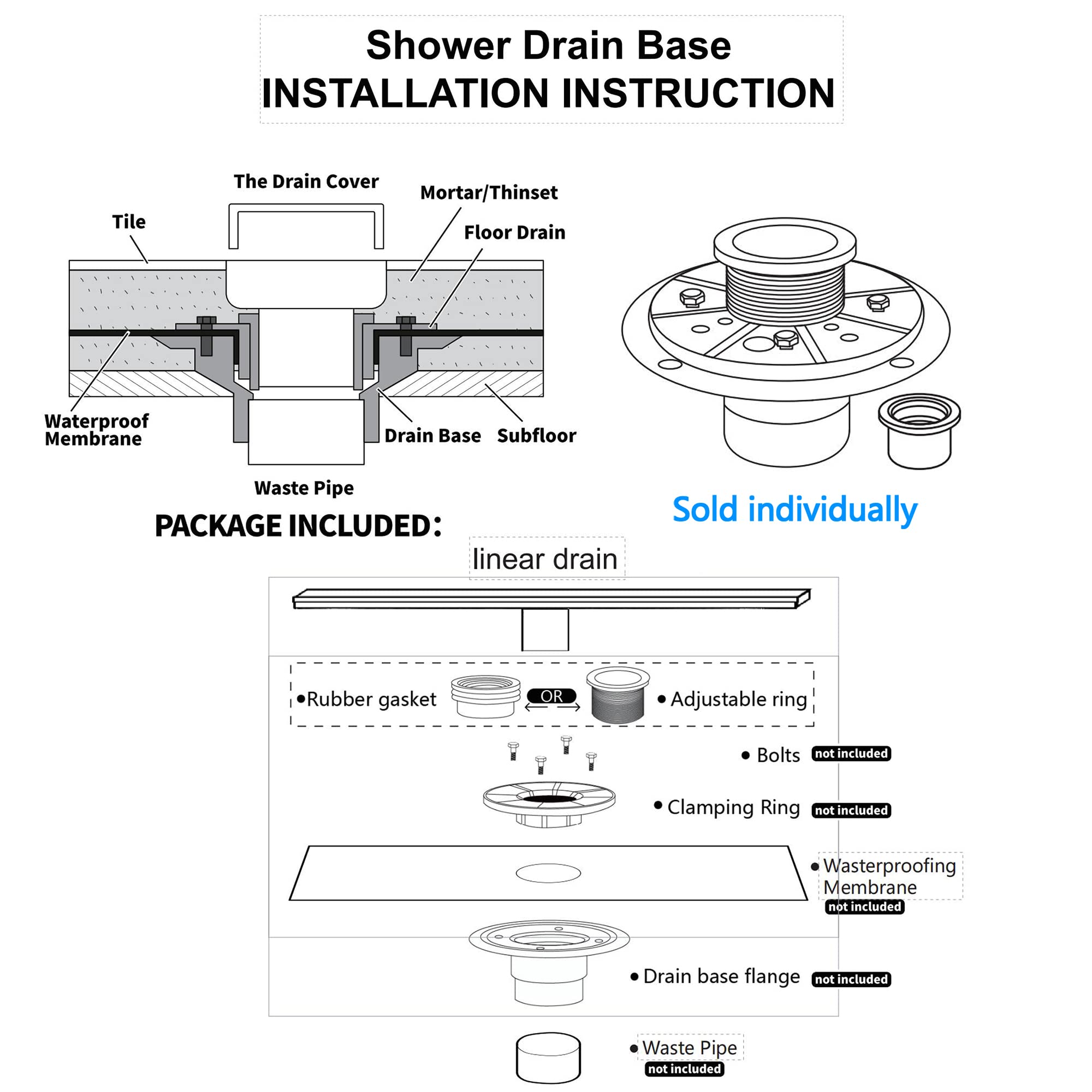 24 inch Linear Shower Drain with Removable Square Hole Panel by Using 304 Stainless Steel Process, Linear Drain Equipped with Adjustable Feet and Hair Strainer(Matte Black Color)