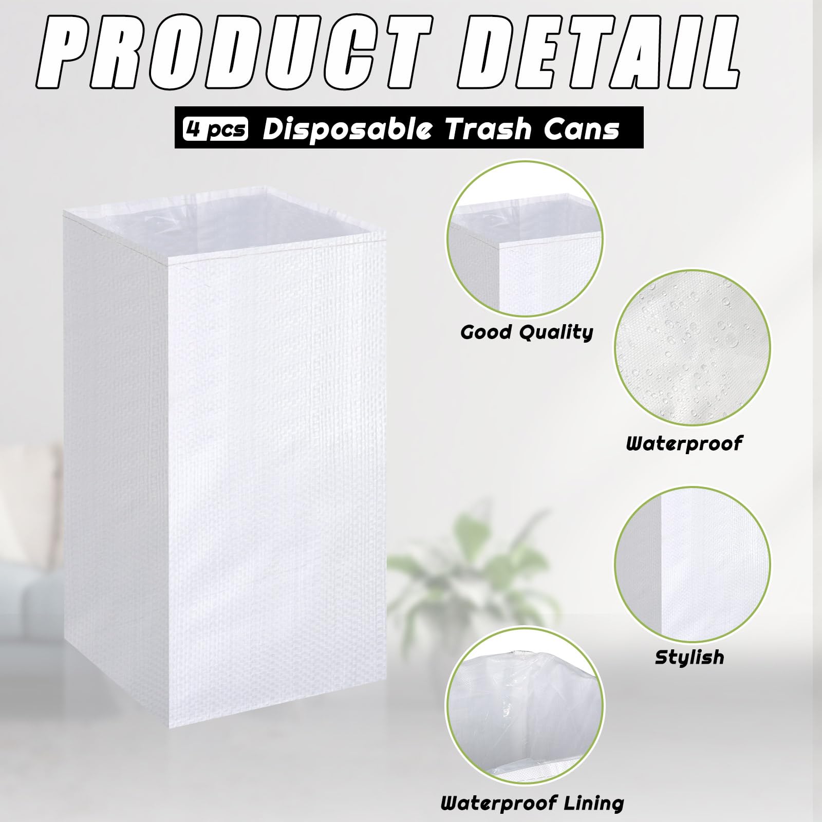 4 Count 40 Gallon Disposable Trash Cans with Waterproof Lining for Events, Reusable Sturdy Garbage Bins for Parties and Weddings, XL Size Trash Can Bin for Garbage and Recycling, 16 x 16 x 31 Inch