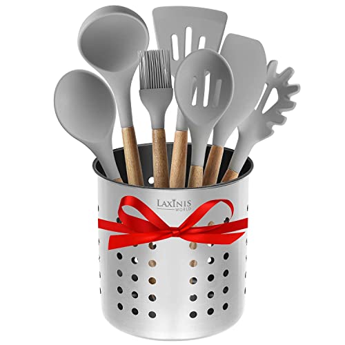 Laxinis World Stainless Steel Kitchen Utensil Holder, Kitchen Caddy, Utensil Organizer, Round Shape Utensils Crock, 5" by 5.3" (utensils not included)