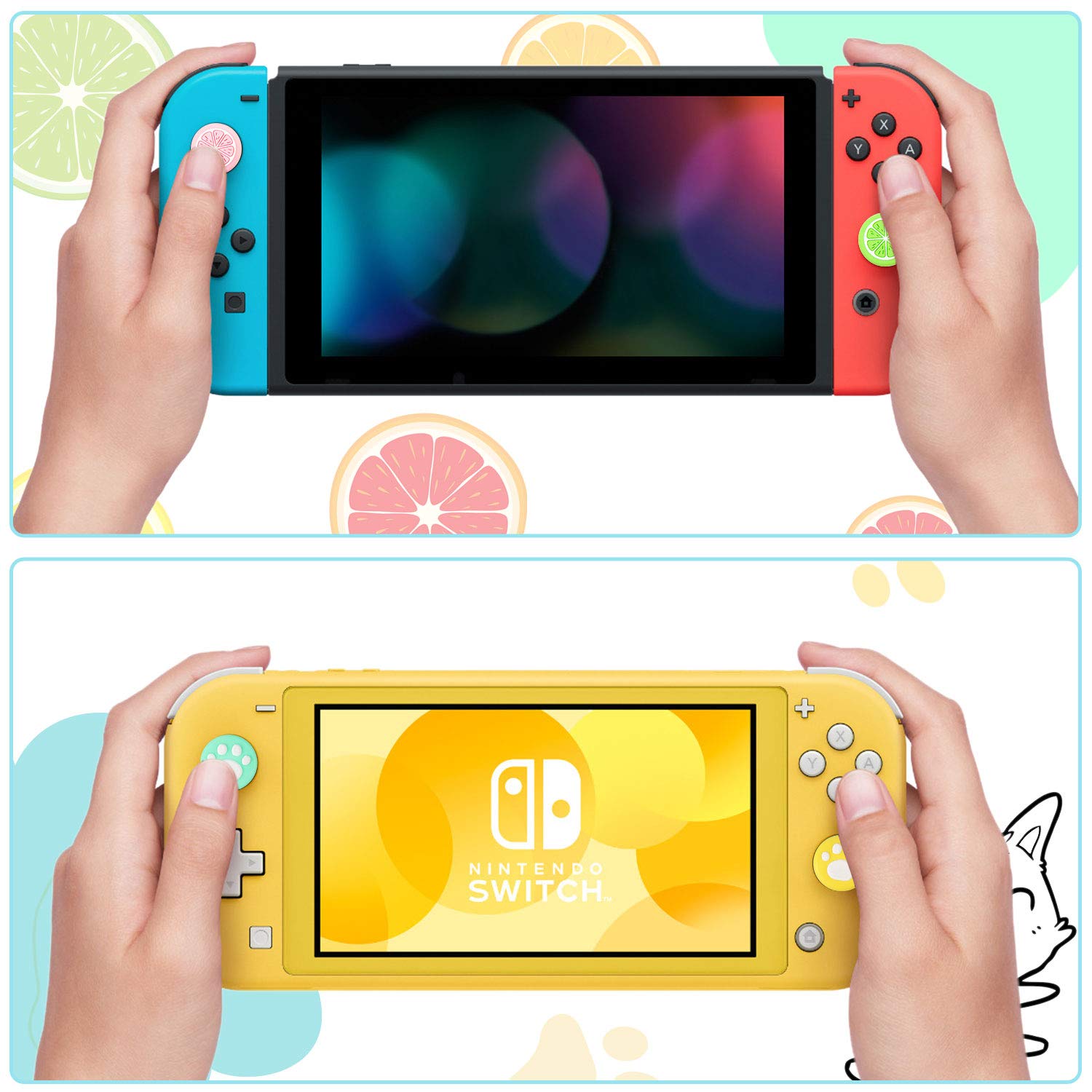 24 Pieces Replacement Cute Cat Paw and Fruit Lemon Design Thumb Grip Caps Thumb Grip Analog Stick Cover Joystick Cap Soft Silicone Cover Compatible with Nintendo Switch, Switch Lite Joy-Con Controller