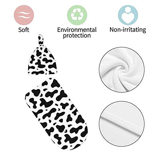 Belinyo Cow Print Newborn Swaddle Set Baby Receiving Blanket with Beanie Hat Infant Sleeping Bag for Girls Boys, One Size