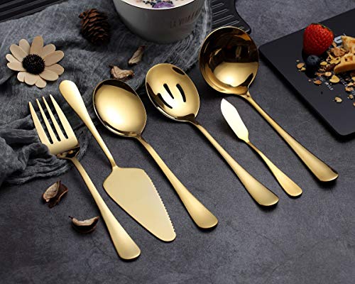 HOMQUEN 6-Piece Gold Serving Flatware Silverware Set,Stainless Steel Serving Utensil Set,Include Cake Server, Slotted Serving Spoon, Serving Spoon, Cold Meat Fork, Butter Knife, Soup Ladle