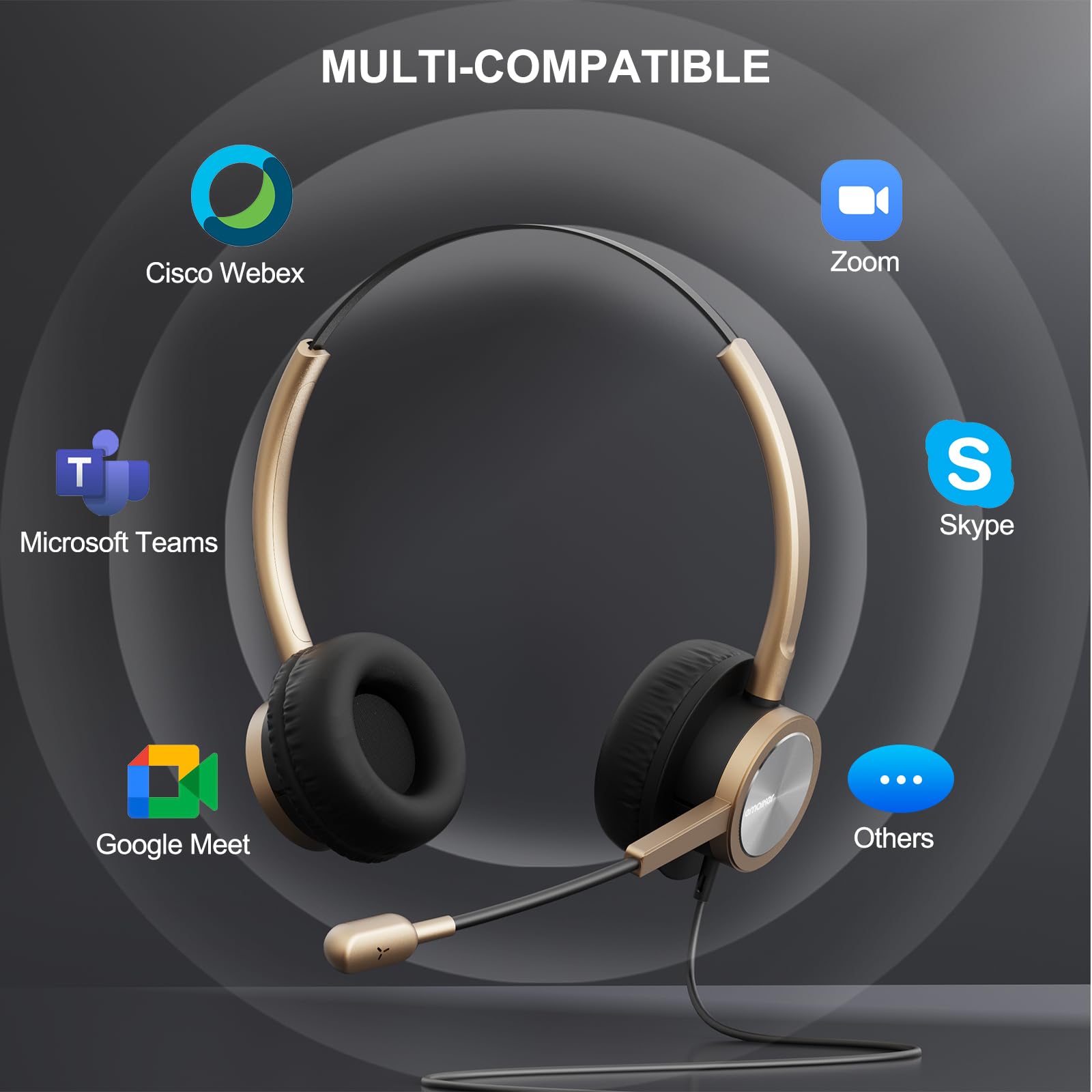 USB Type C Headphones with Noise Canceling Microphone, USB-C Headset with Mic for PC, Laptop, Lightweight Gold Headset for Call Center Office Laptop, Skype, Zoom, Webinar, Google Meet, WeBex