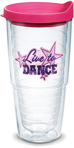Tervis Live to Dance Made in USA Double Walled Insulated Tumbler Cup Keeps Drinks Cold & Hot, 24oz - Fuchsia Lid, Sequins
