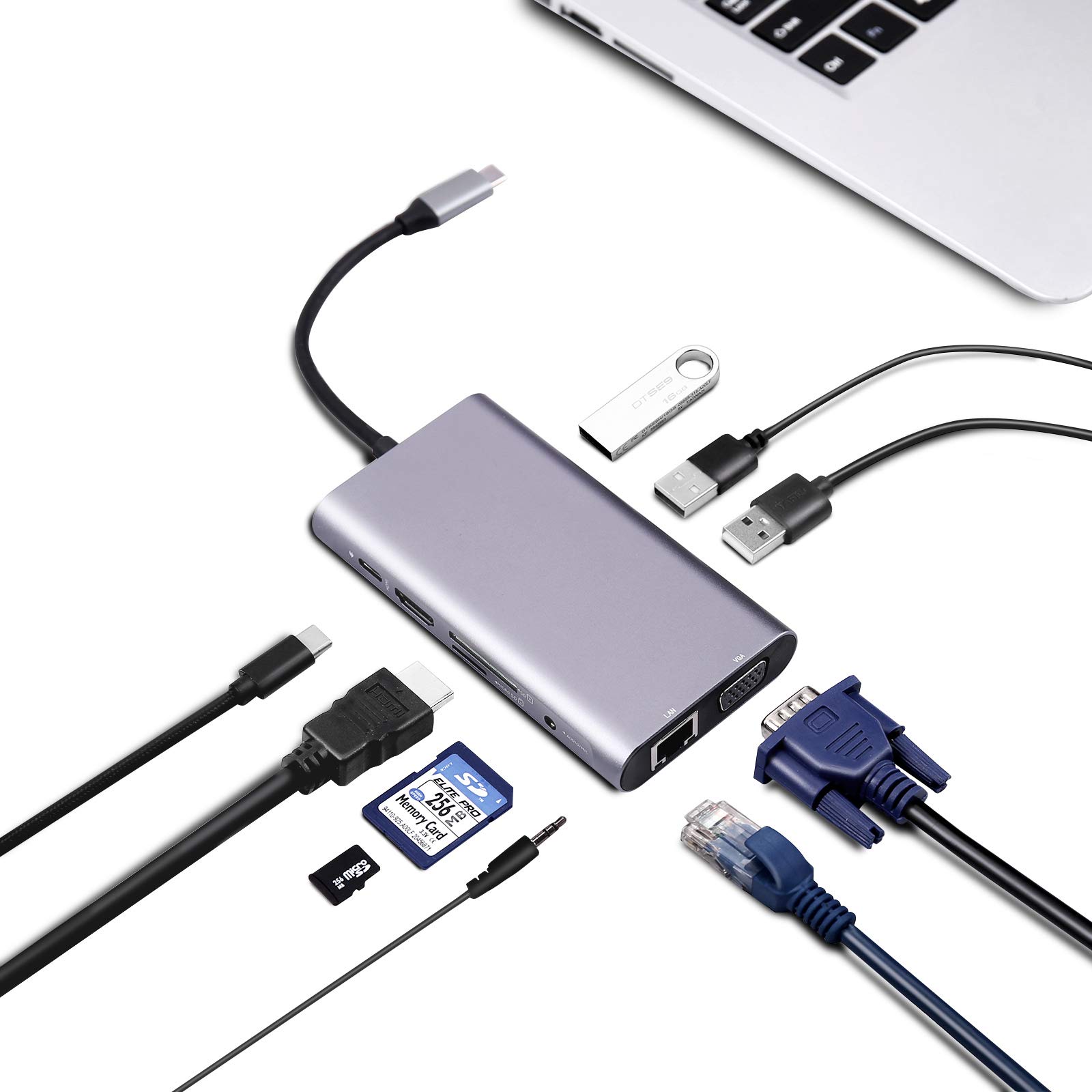 USB C Hub 10 in 1 Type C Hub with Ethernet, 4K USB C to HDMI, VGA, PD Power Delivery, 3 USB 3.0 Ports, USB C to 3.5mm, SD/TF Cards Reader for MacBook/Pro/Air and Type C Windows Laptops