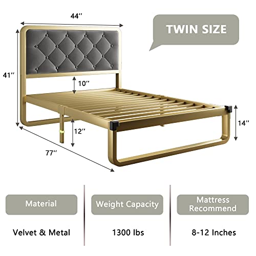 Feonase Twin Metal Bed Frame, Heavy Duty Platform Bed Frame with Steel Slats, Velvet Upholstered Headboard, 12" Storage Space, No Box Spring Required, Noise Free, Easy Assembly, Golden and Gray