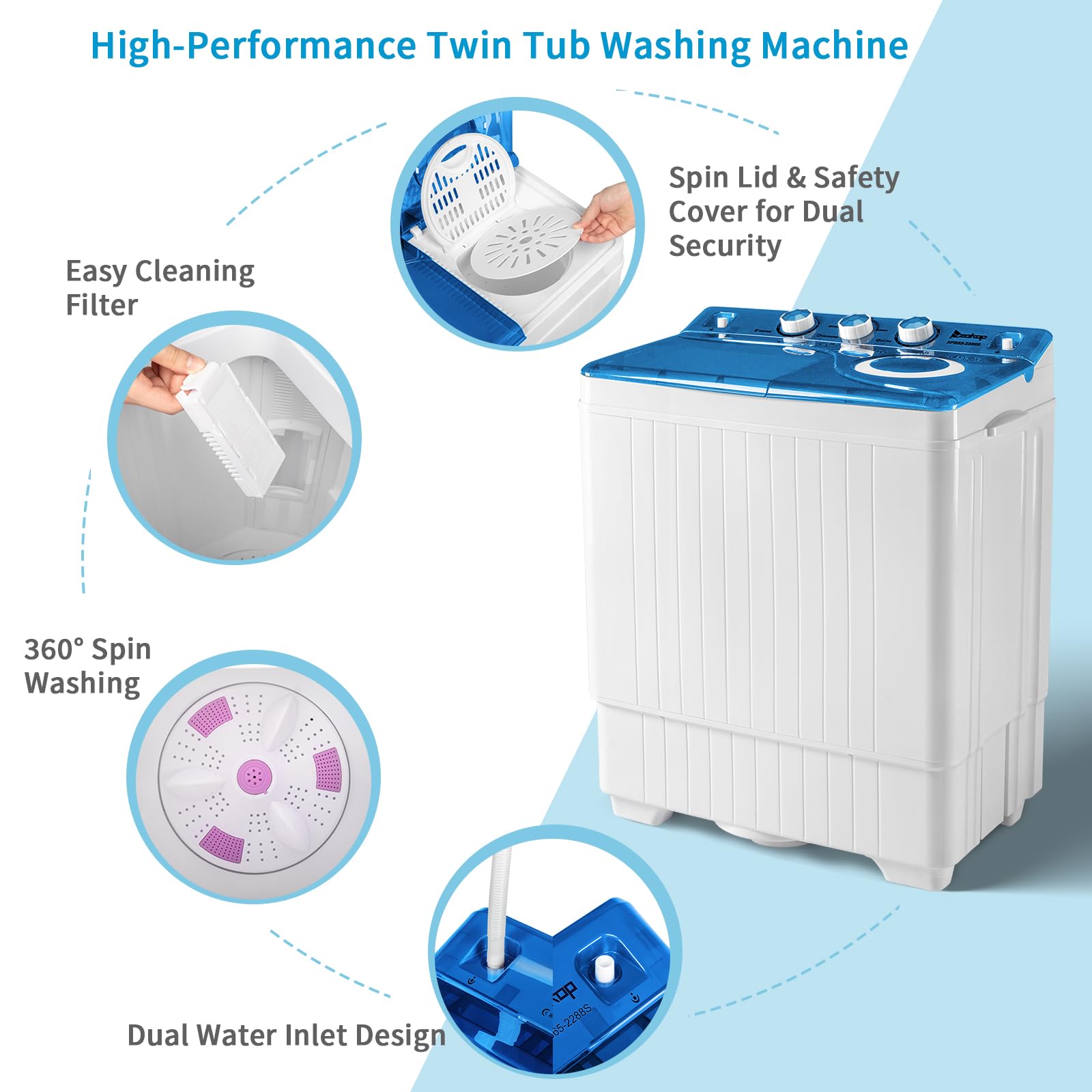 26Lbs Portable Washing Machine and Dryer, Twin Tub Portable Washer Dryer Combo with Drain Pump, Semi-Automatic 18Lbs Washer Mini Laundry Machine with 8Lbs Spinner for Dorms, Apartments, RVs, Gray