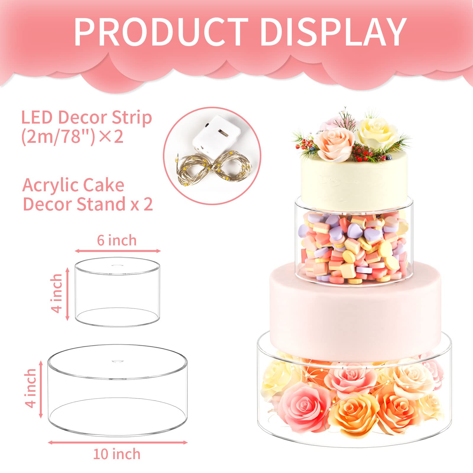 2PCS Acrylic Fillable Cake Stand Cake Riser Cake Tier, Round Cylinder Display Riser Display Box, Decorative Centerpiece for Wedding Birthday Party (10" Dx4 H inch, 6" Dx4 H inch, 2M LED Lights)