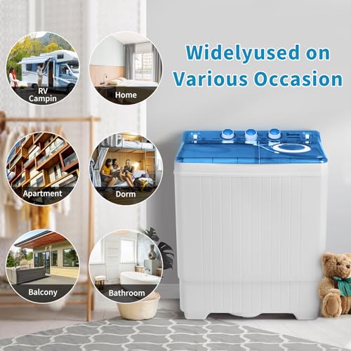 26Lbs Portable Washing Machine and Dryer, Twin Tub Portable Washer Dryer Combo with Drain Pump, Semi-Automatic 18Lbs Washer Mini Laundry Machine with 8Lbs Spinner for Dorms, Apartments, RVs, Blue