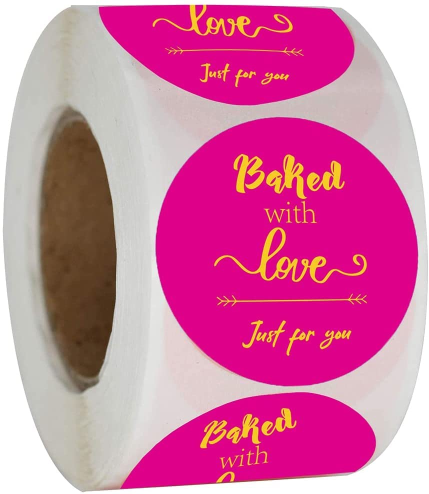 Thank You Baked with Love Stickers Labels, 2 Inch Round Pink Just for You Lables for Cookie Cupcake,Baked Goods Packaging and Wrapping,Homemade Bakery Bread Bags(500pcs/roll)