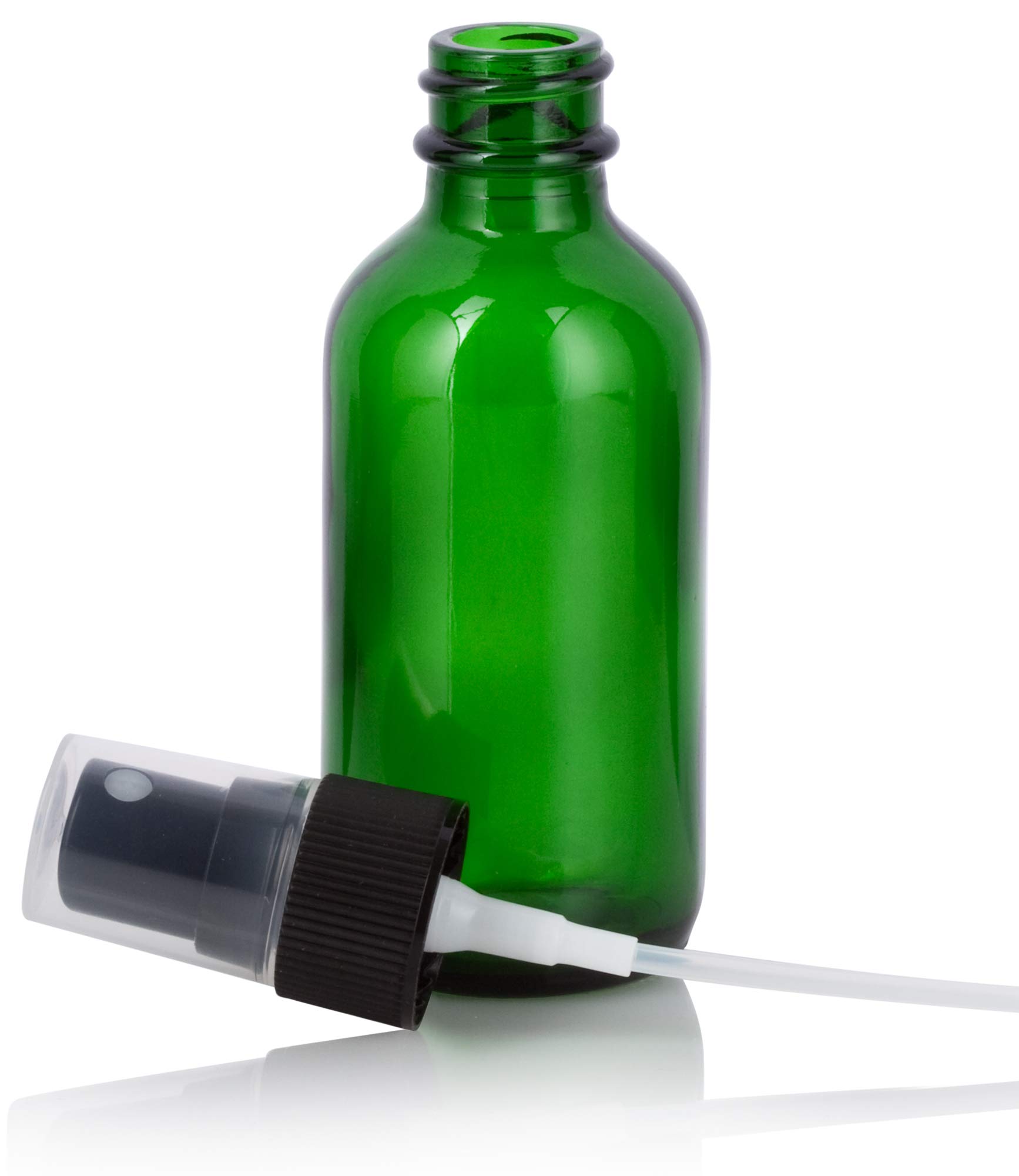 JUVITUS (24 Pack) 2 oz Green Glass Boston Round Bottle with Black Fine Mist Spray + Funnel