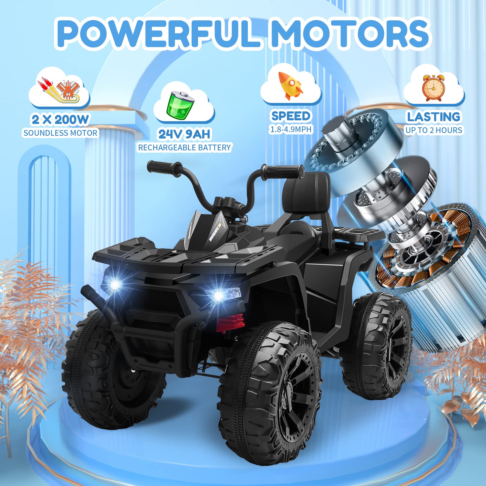 24V Kids Electric ATV Car, 2-Seater, 200W Engine, 9AH Battery, LED Lights, Music, Spring Suspension - For Boys & Girls