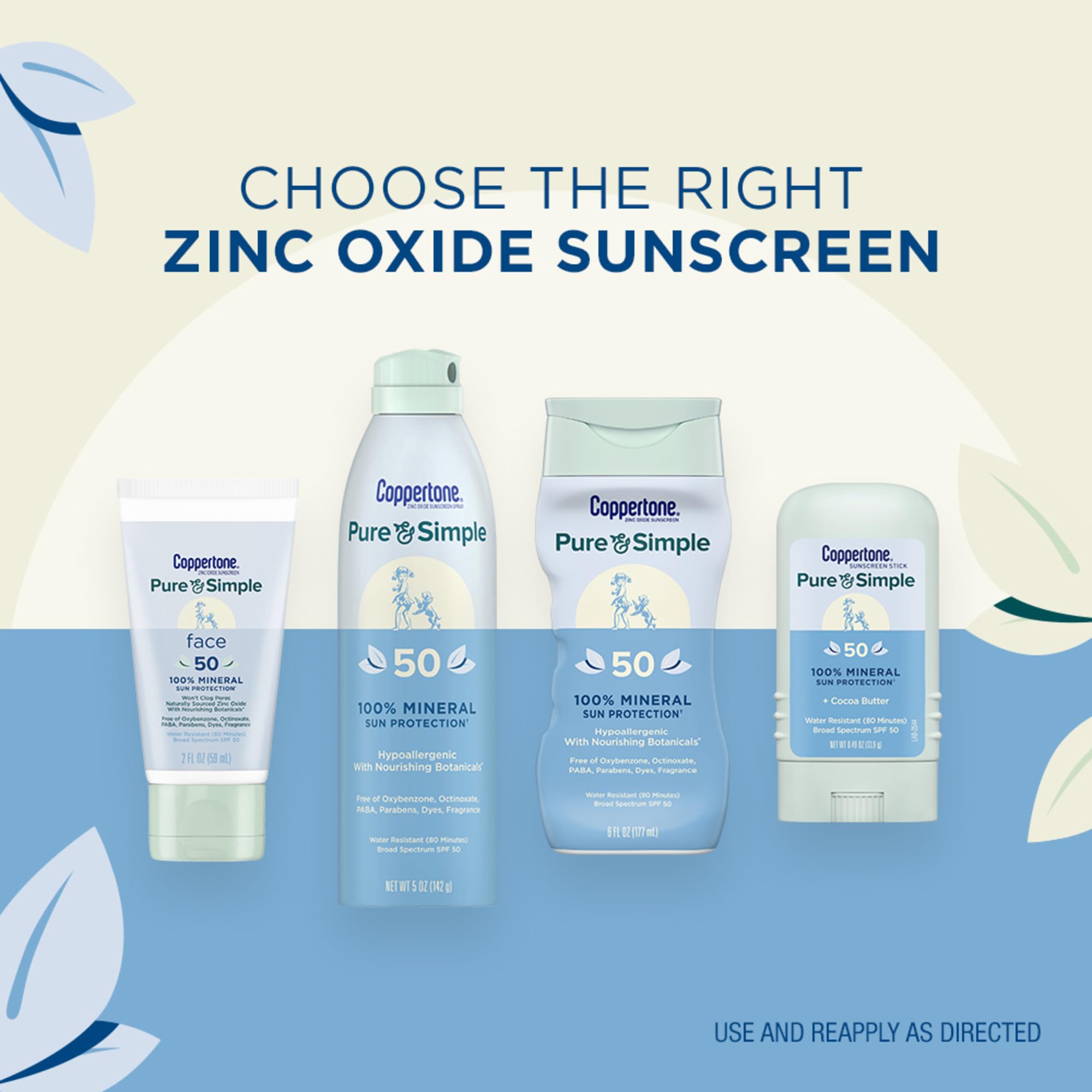 Coppertone Pure and Simple Mineral Sunscreen Stick SPF 50, Water Resistant, Hypoallergenic, Face Sunscreen with Broad Spectrum UVA/UVB Protection, 0.49 oz Stick
