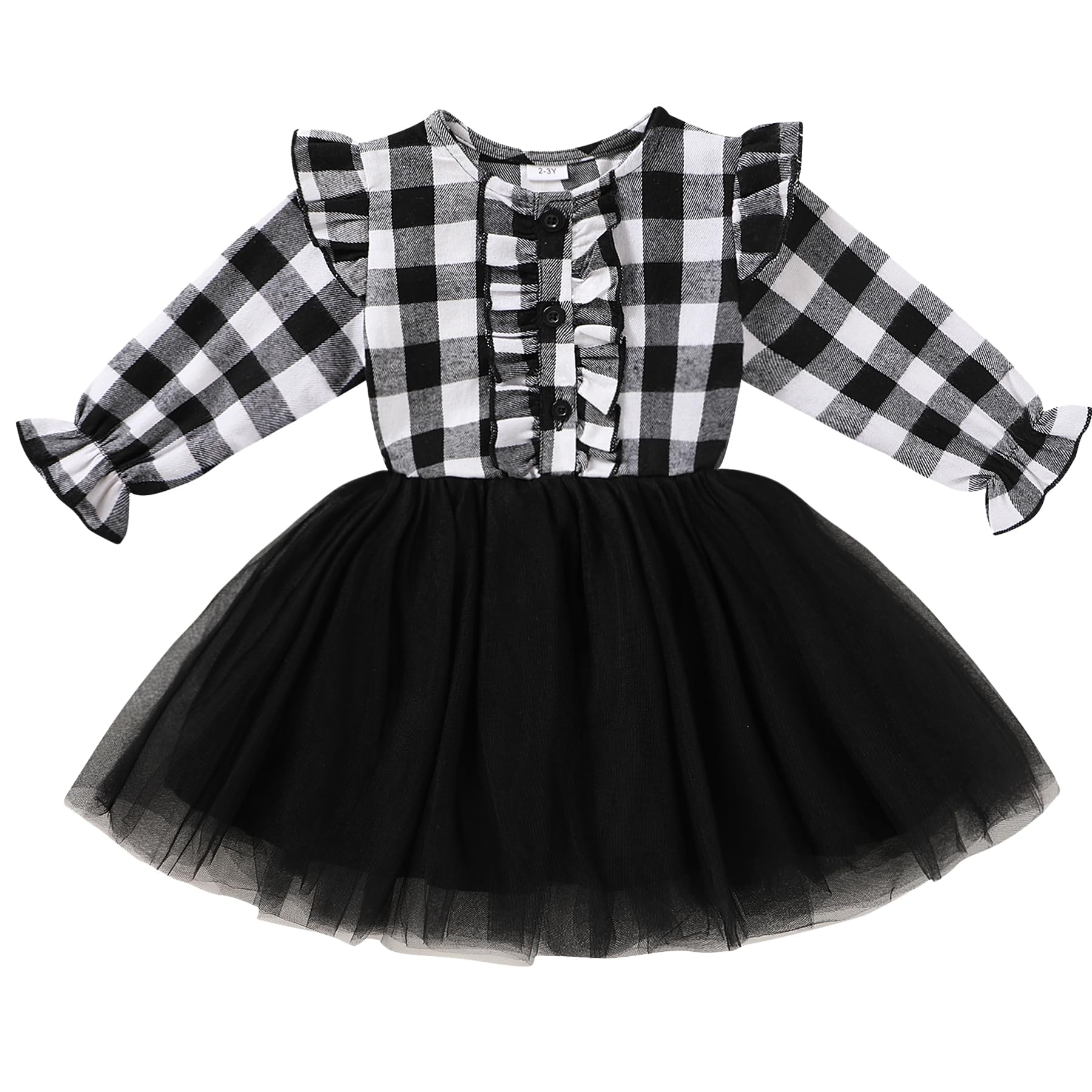 YOUNGER TREE Toddler Kids Girls Clothes Christmas Dress Ruffle Red Plaid Black Mesh Skirt Outfits Overall Fall Winter (3-4T, Black White Plaid mesh Dress)