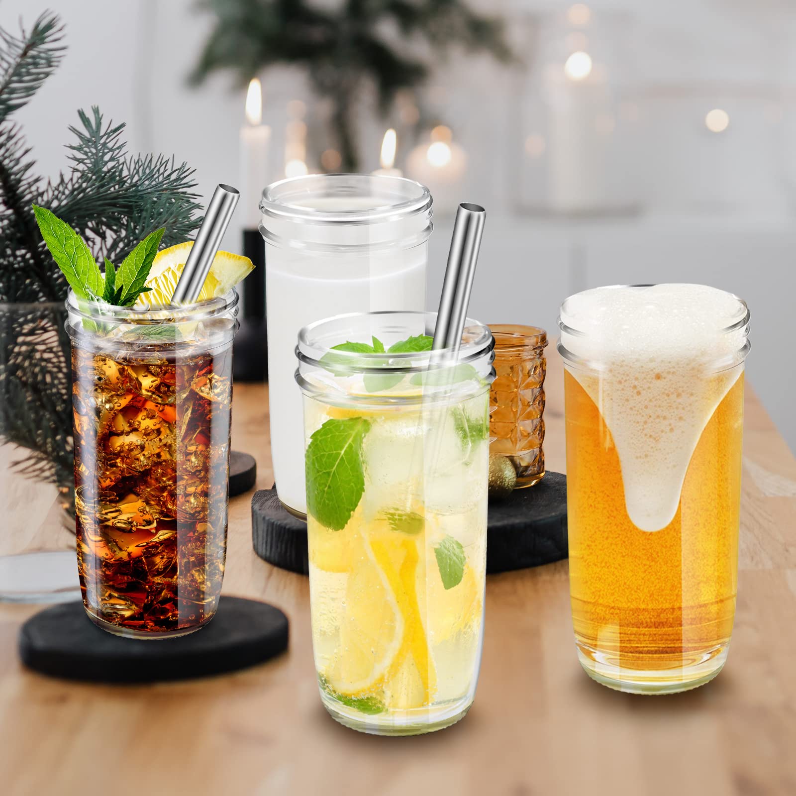 4 Pack Glass Cups with Lid and Straw, 24oz Boba Tea Cups, Wide Mouth Smoothie Cups, Reusable Drinking Glasses with Bamboo Lids for Beer, Boba Tea, Juice, Smoothie