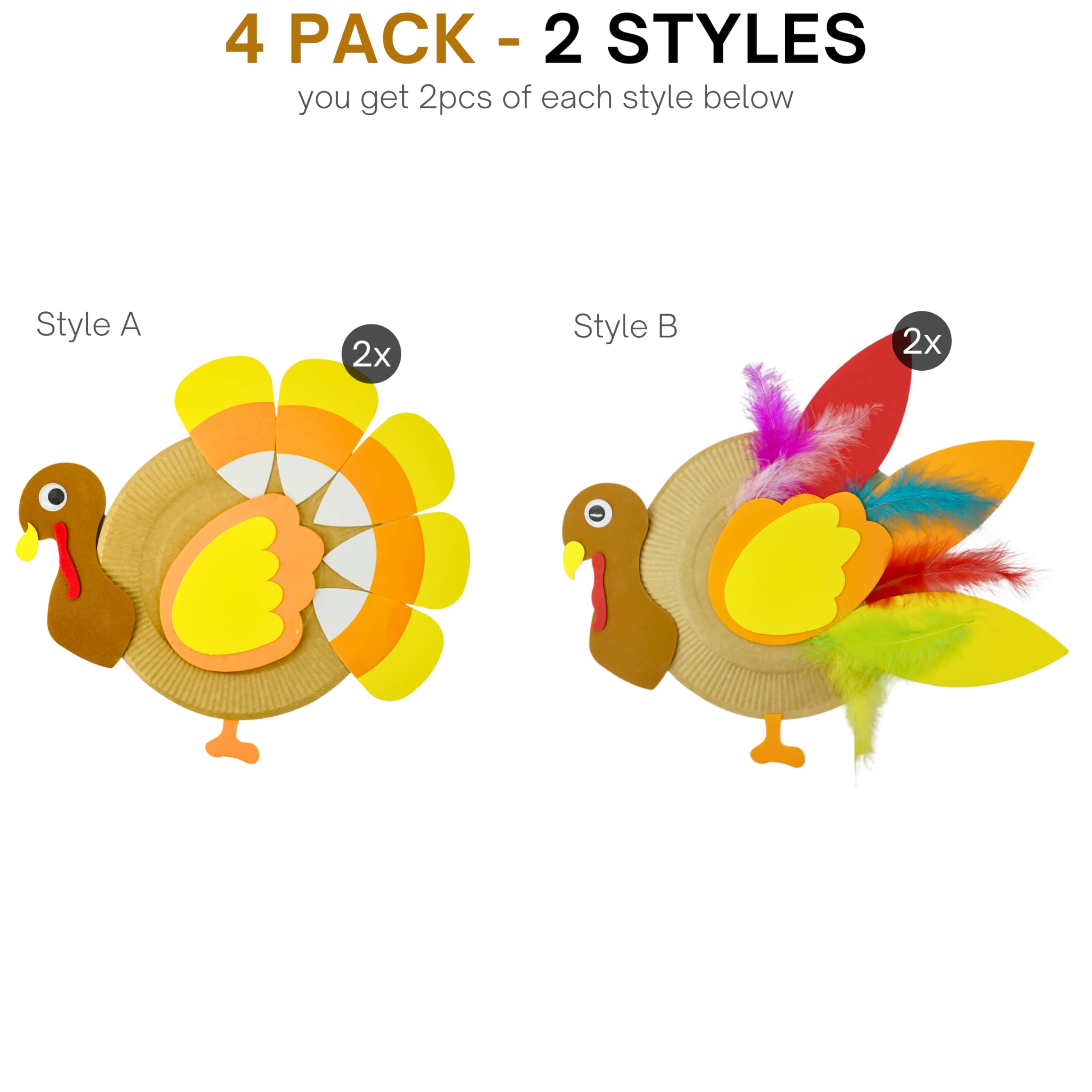 4E's Novelty Turkey Plate Craft for Kids (12 Pack) 2 Styles, Self Adhesive, Fall Thanksgiving Crafts for Kids & Toddlers Ages 4-8, 3-12 Fun Thanksgiving Activity & Dinner Game