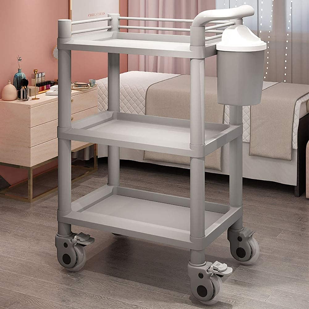 3 Tier Medical Instruments Rolling Cart with Handle Dirt Bucket, Abs Beauty Salon Trolley with Brake Wheel, 100Kg Load, 98Cm Height, PIBM