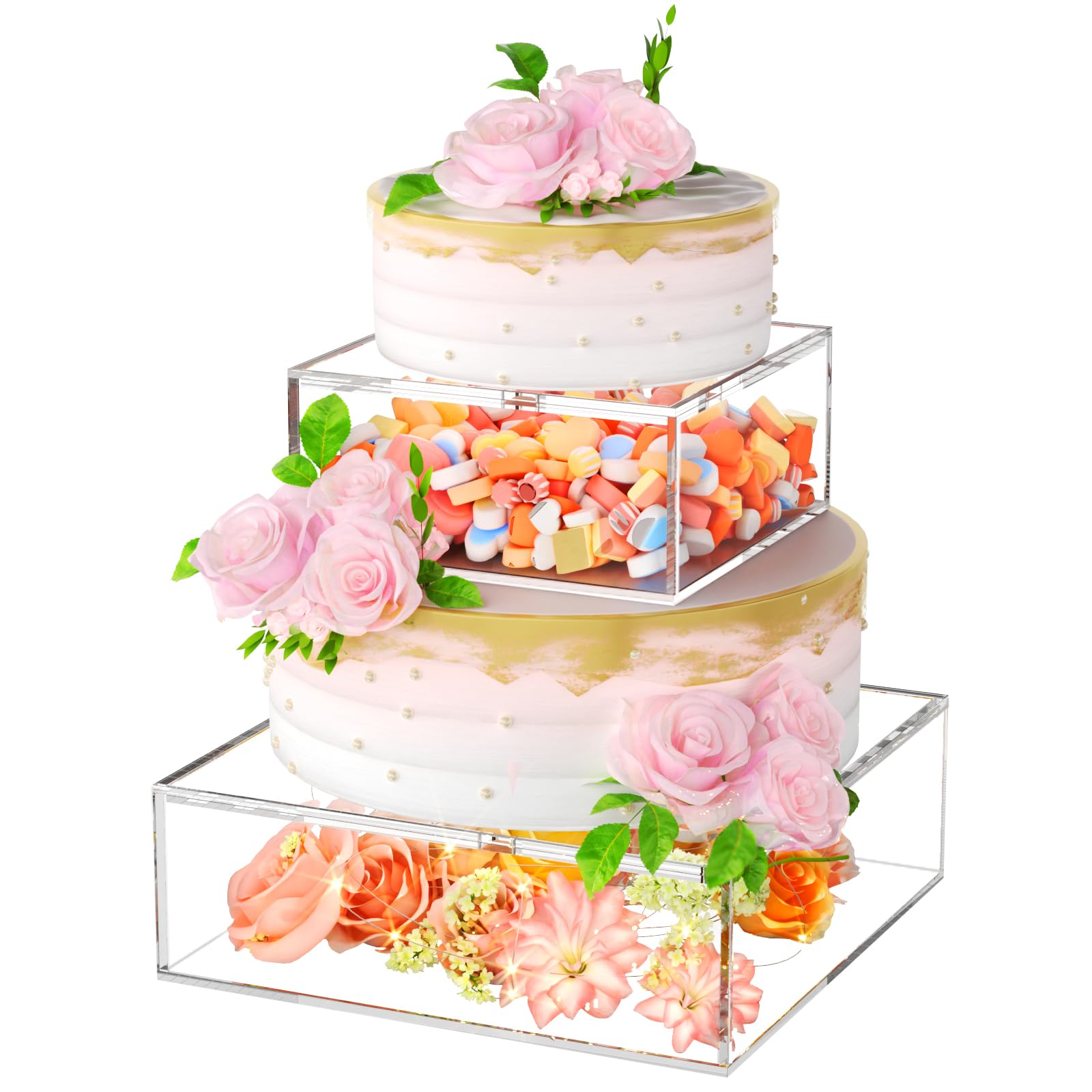 2PCS Clear Acrylic Cake Stand, Fillable Cake Box Riser Cake Tier, Square Cake Display Box with Lid, Decorative Centerpiece Box for Wedding Birthday Party (2pcs, 10" Dx4β H; 6" Dx4β H, 2M LED Lights)