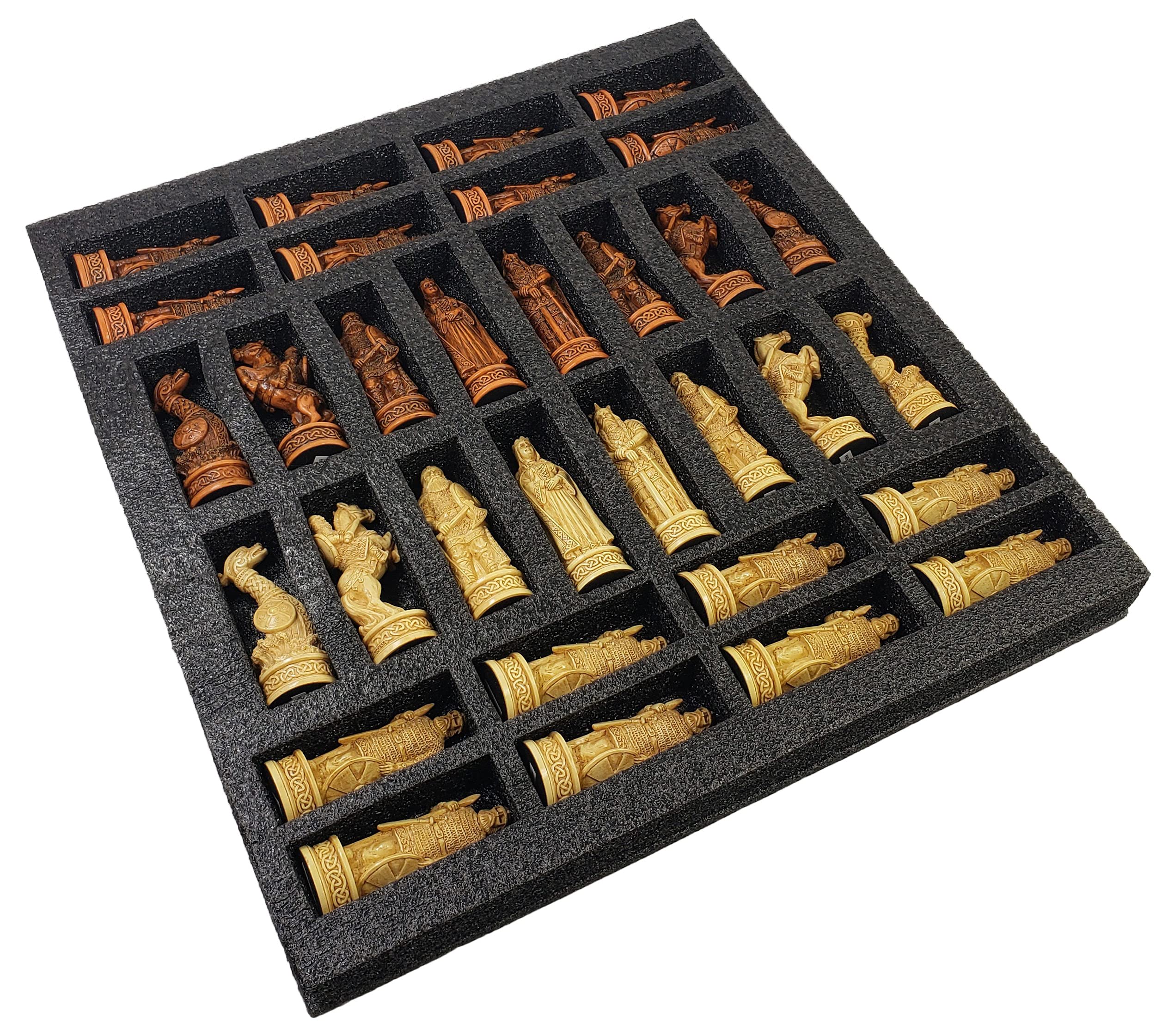 Antique Ivory & Brown Norse Viking Chess Set with 17" Burlwood Color Board