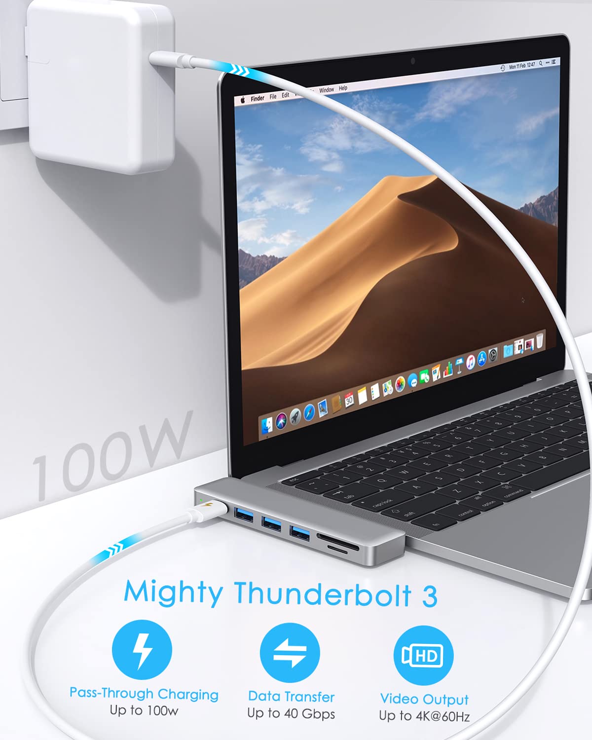 Adapter for MacBook Pro/Air M1 2022/2021/2020, 7 in 2 USB-C Hub with 4K HDMI, Thunderbolt 3(100W PD), USB-C & 2 USB 3.0, SD/TF Card Reader, Type C Dongle for MacBook Pro Air 13" 15" 16" (D)