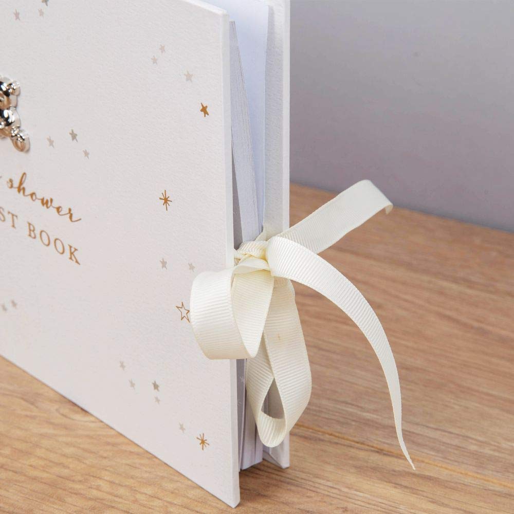 Happy Homewares White Baby Shower Guest Book with Cream Ribbon and Silver and Gold Stars