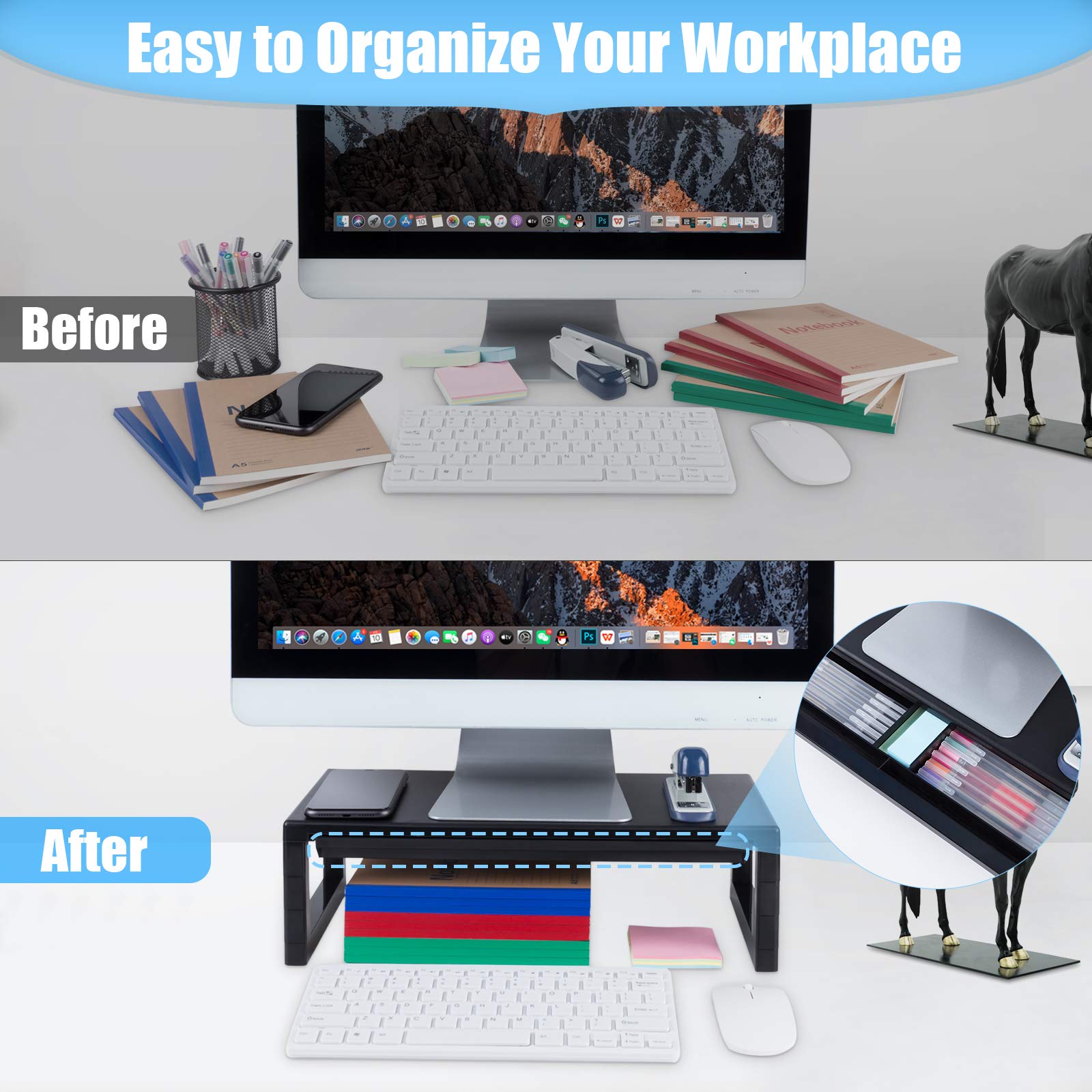 Monitor Stand Riser, Kavalan Lightweight 4 Level Height Adjustable Computer Monitor Stand & Desktop Printer Stand with Storage Drawer for Office Desk Accessories, Supports up to 5kg PC Monitor, Laptop