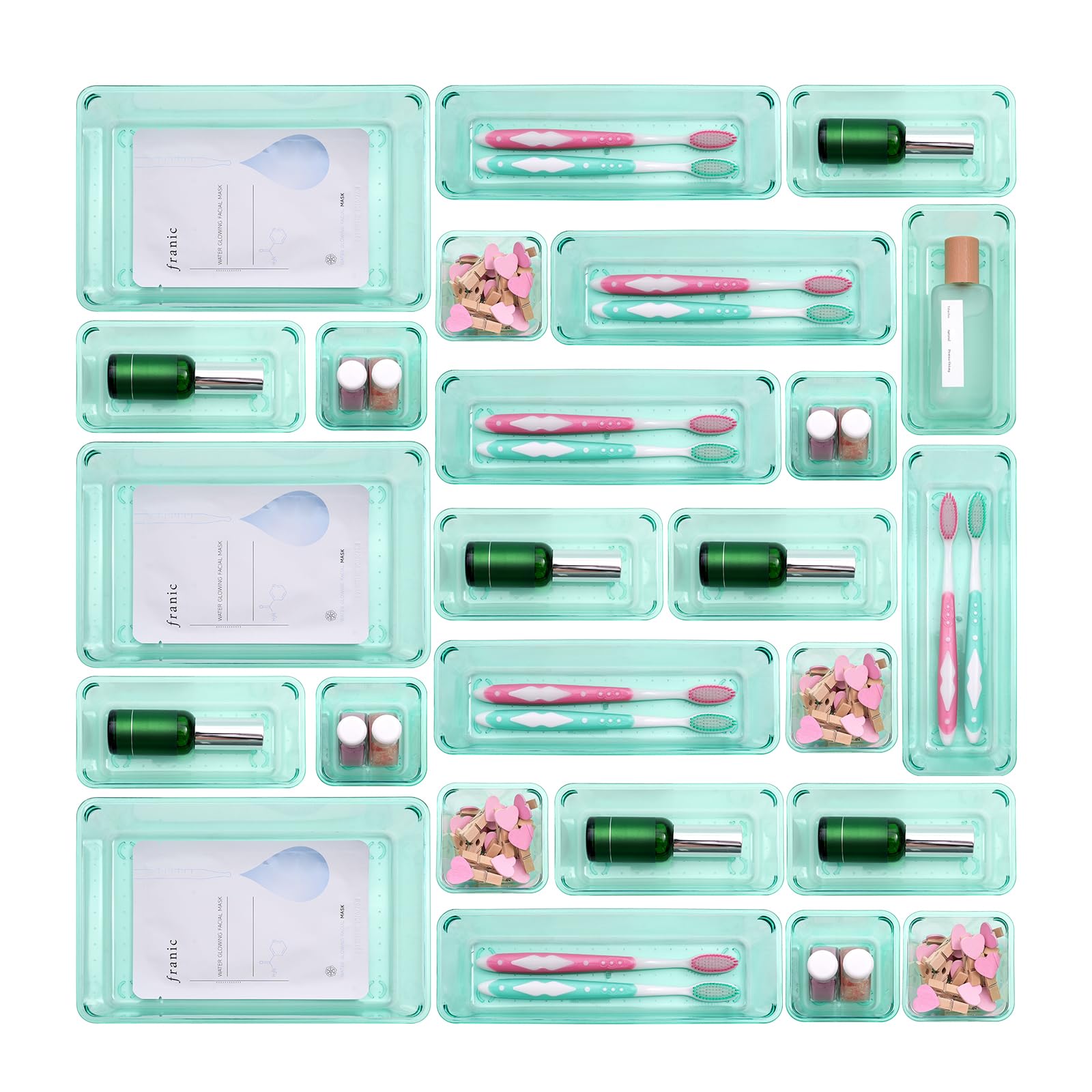 25 PCS Plastic Drawer Organizers Set, 4-Size Bathroom & Vanity Drawer Organizer Trays, Storage Bins for Makeup, Bedroom, Kitchen Gadgets Utensils & Office (Green)