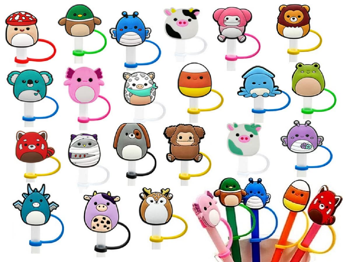 21 Pcs Silicone Straw Topper Party Straw Tips Birthday Party Straw Cap Cover Cartoon Anime Straw Cover Rubber Tips for Straws Cow Reusable Drinking Straw Tips Lids for Kids Party Supplies Party Favor