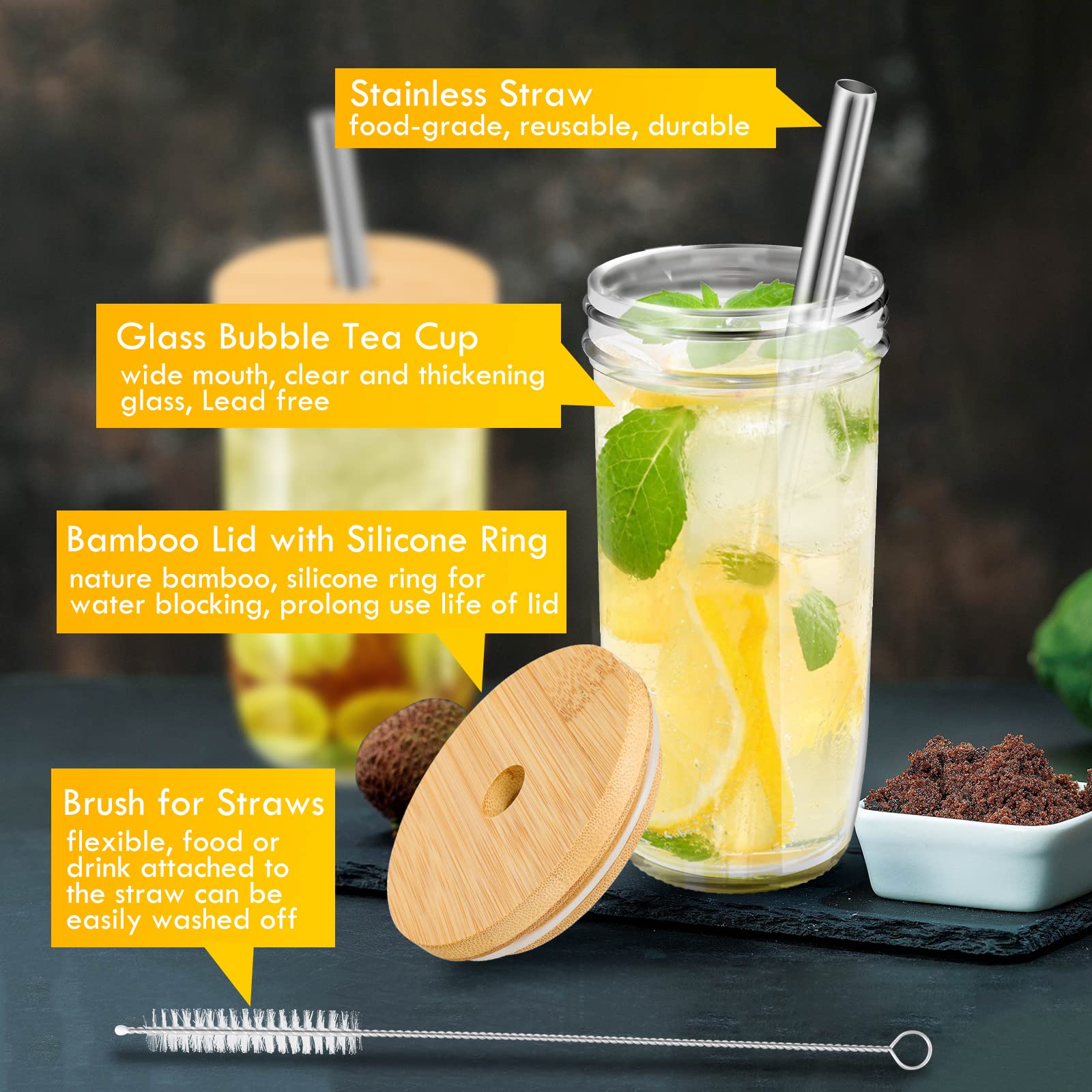 4 Pack Glass Cups with Lid and Straw, 24oz Boba Tea Cups, Wide Mouth Smoothie Cups, Reusable Drinking Glasses with Bamboo Lids for Beer, Boba Tea, Juice, Smoothie