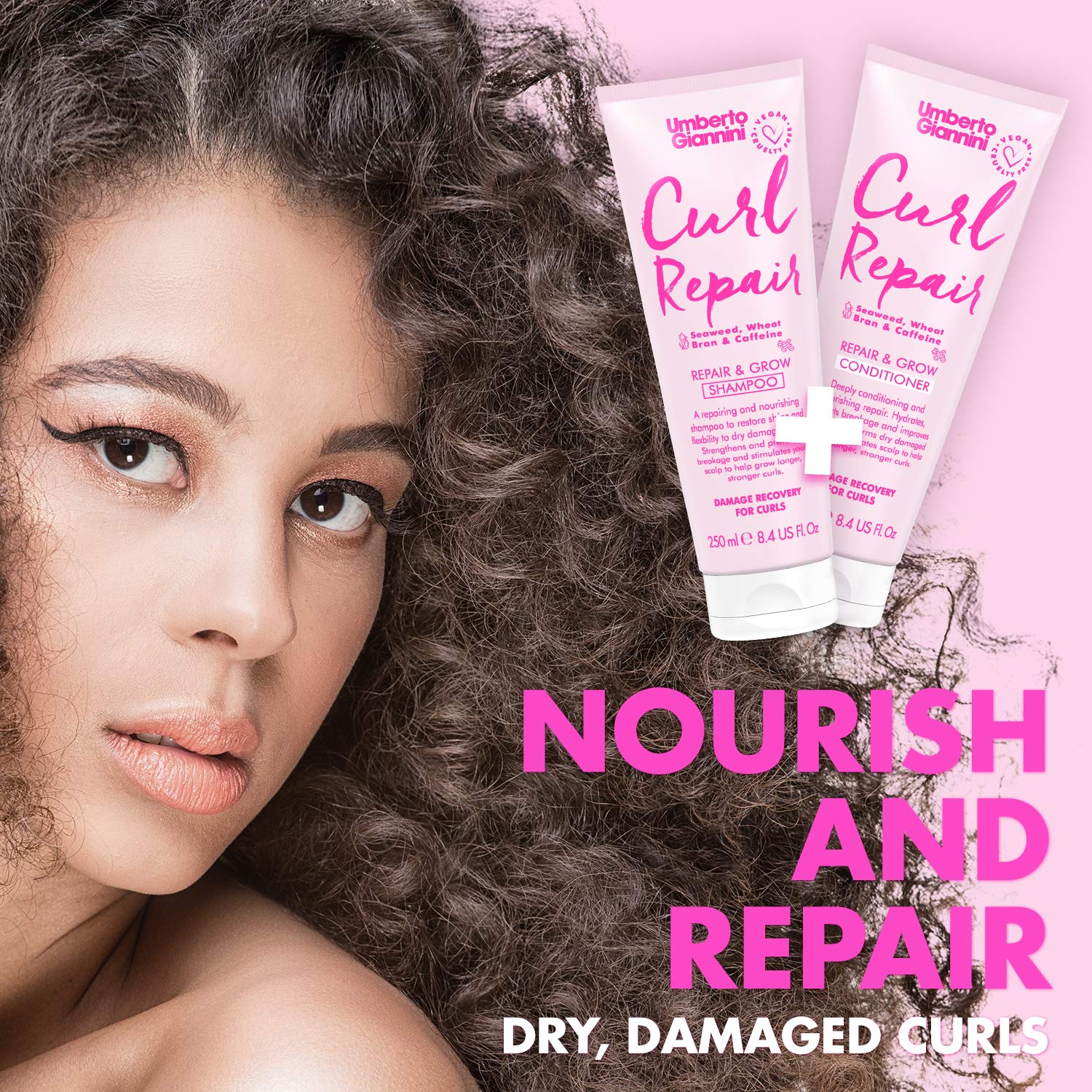 Umberto Giannini Curl Repair Shampoo + Conditioner Set, Vegan & Cruelty Free Repair & Growth Formula with Seaweed, Wheat Bran & Caffeine, 250 ml