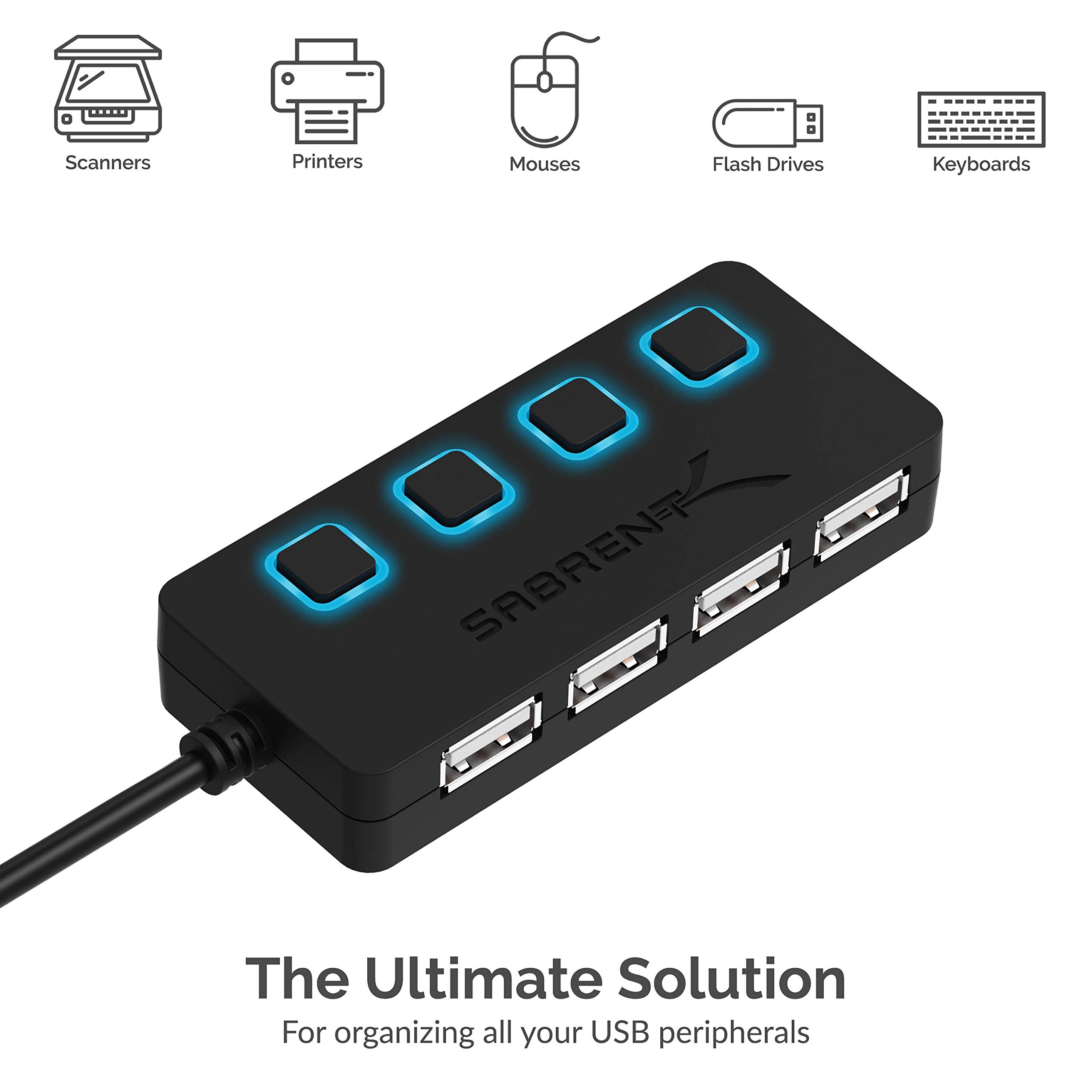 4-Port USB 2.0 Data Hub with Individual LED lit Power Switches [Charging NOT Supported] for Mac & PC with Mini Travel USB Optical Mouse with Retractable Cable for Computers and laptops | Mac & PC Comp