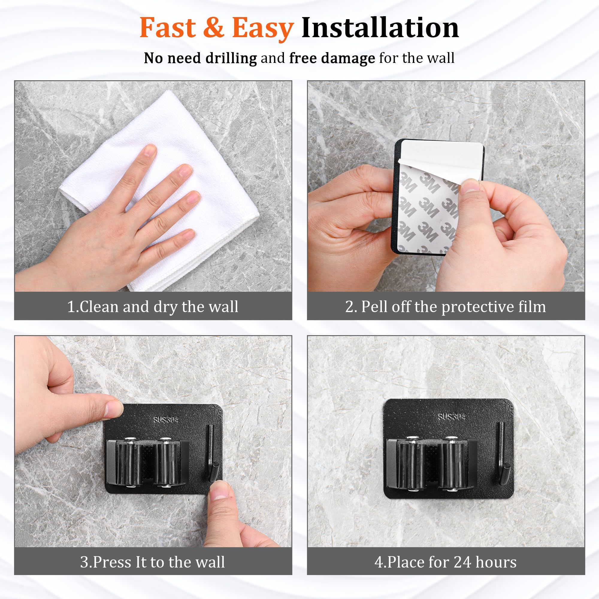 4Pcs Broom and Mop Holder, Stainless Steel Broom Storage Holder, Self Adhesive Anti-Slip Command Broom Holder Wall Mount, Mop Gripper with Hook for Kitchen Bathroom Closet Garden Garage Black