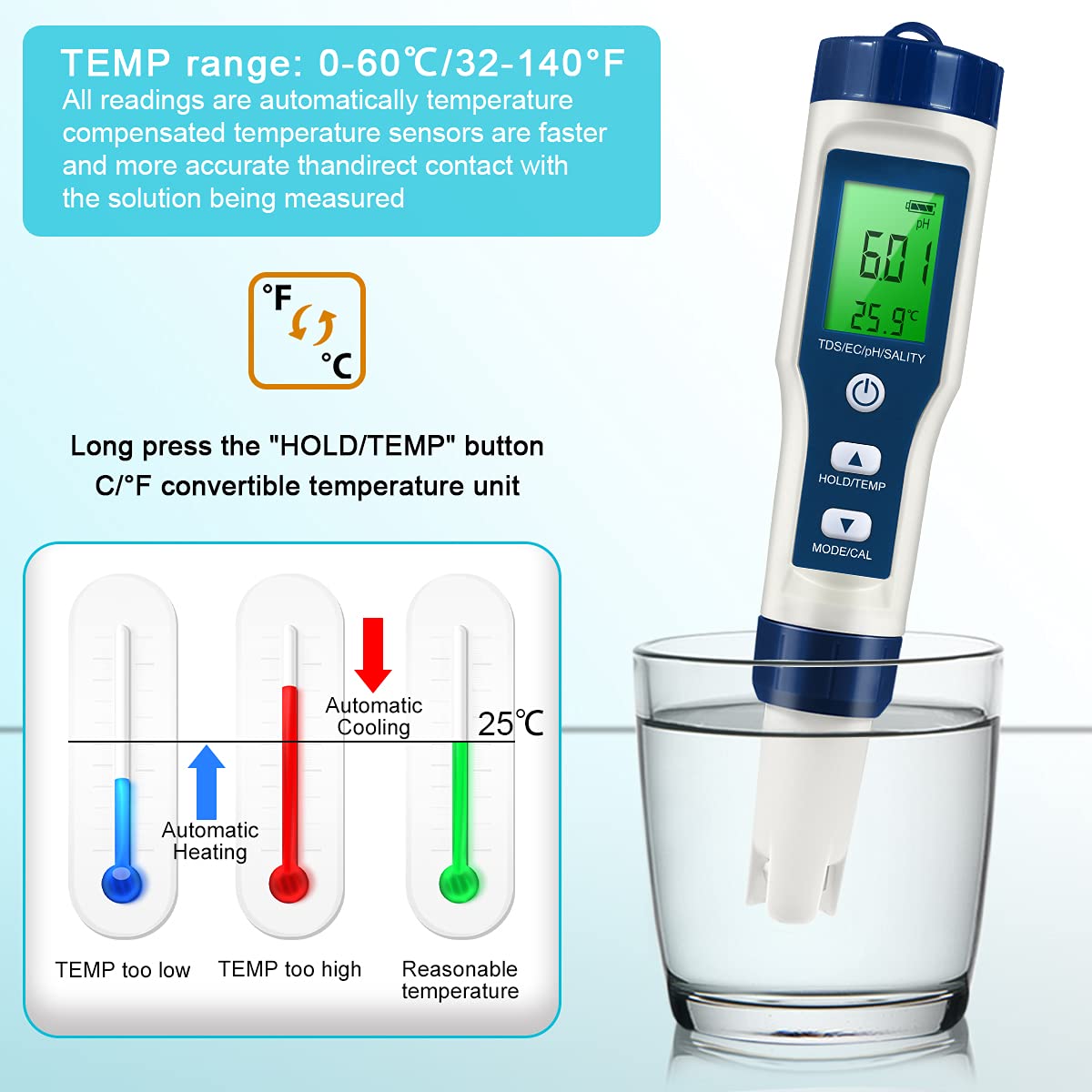 5 in 1 TDS Meter Water Tester, Conductivity(EC) Meter, TDS/EC/Salt/Temp/PH Meter for Water, Pool Salt Tester 0.01 High Accuracy Water Testing Kits for Drinking Water, Pool, Fish Tank and Hydroponics