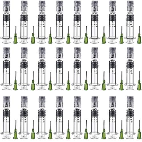 Nuanchu 1 ml Borosilicate Glass Luer Pets Syringe Reusable Glass Syringe with 14 Ga Blunt Tip Fill Individually Packaged Use for Art and Craft, Thick Liquid, Oils, Glue, Ink(24 Pieces)
