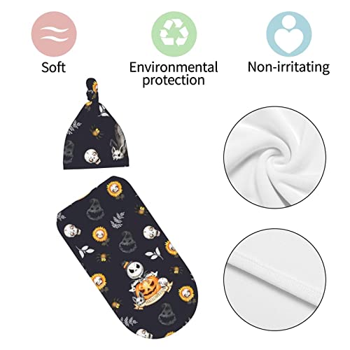 AuHomea Halloween Pattern in Black Skulls Newborn Swaddle Blanket Soft Unisex Infant Swaddle Wrap Blanket Baby Receiving Blanket with Beanie Hat for Boy and Girl