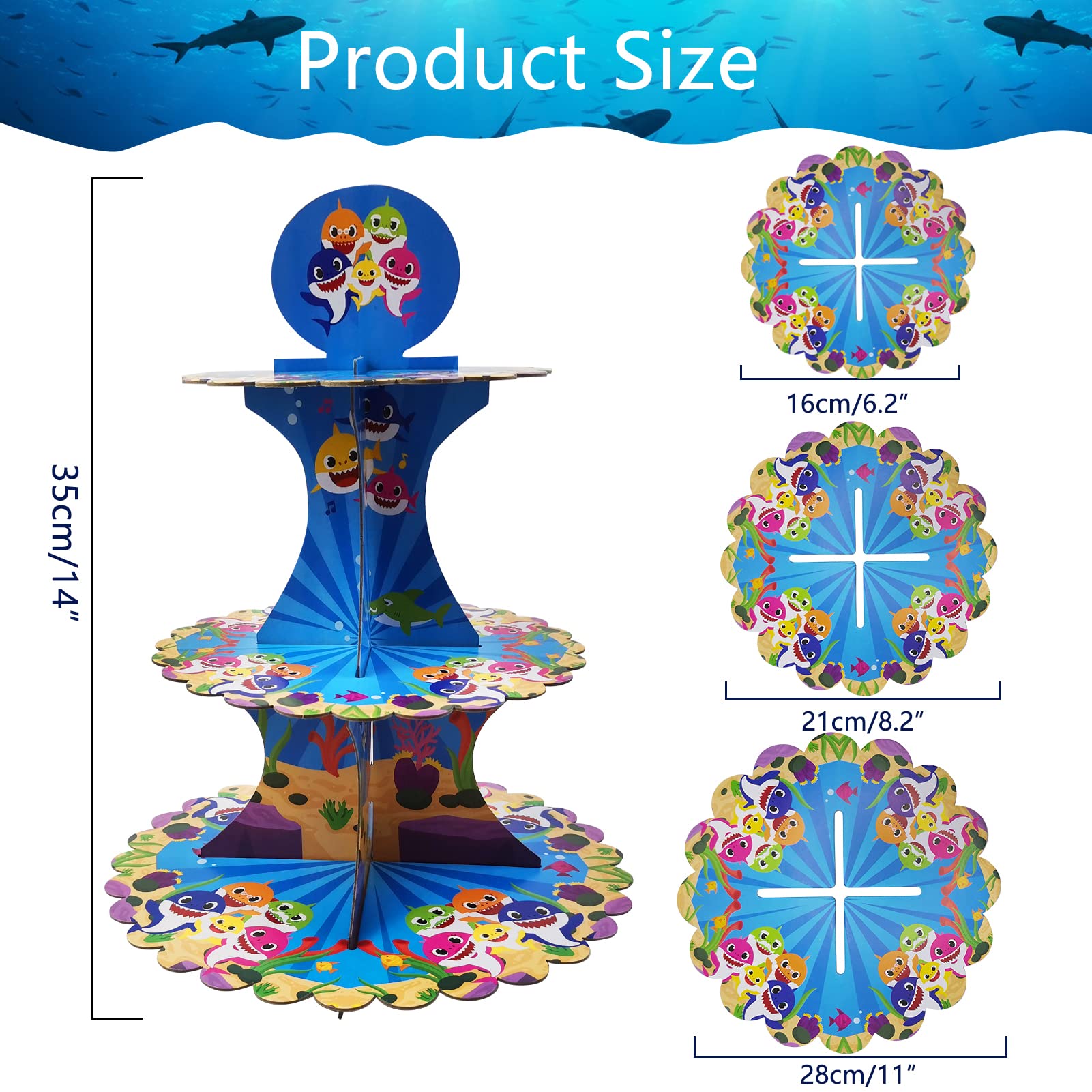 3 Tiers Cartoon Shark Cardboard Cupcake Stand Set of 2 Sturdy Dessert Candy Display Towel Holder Stand Reusable Party Wedding Birthday Cup Cake Stand Holder