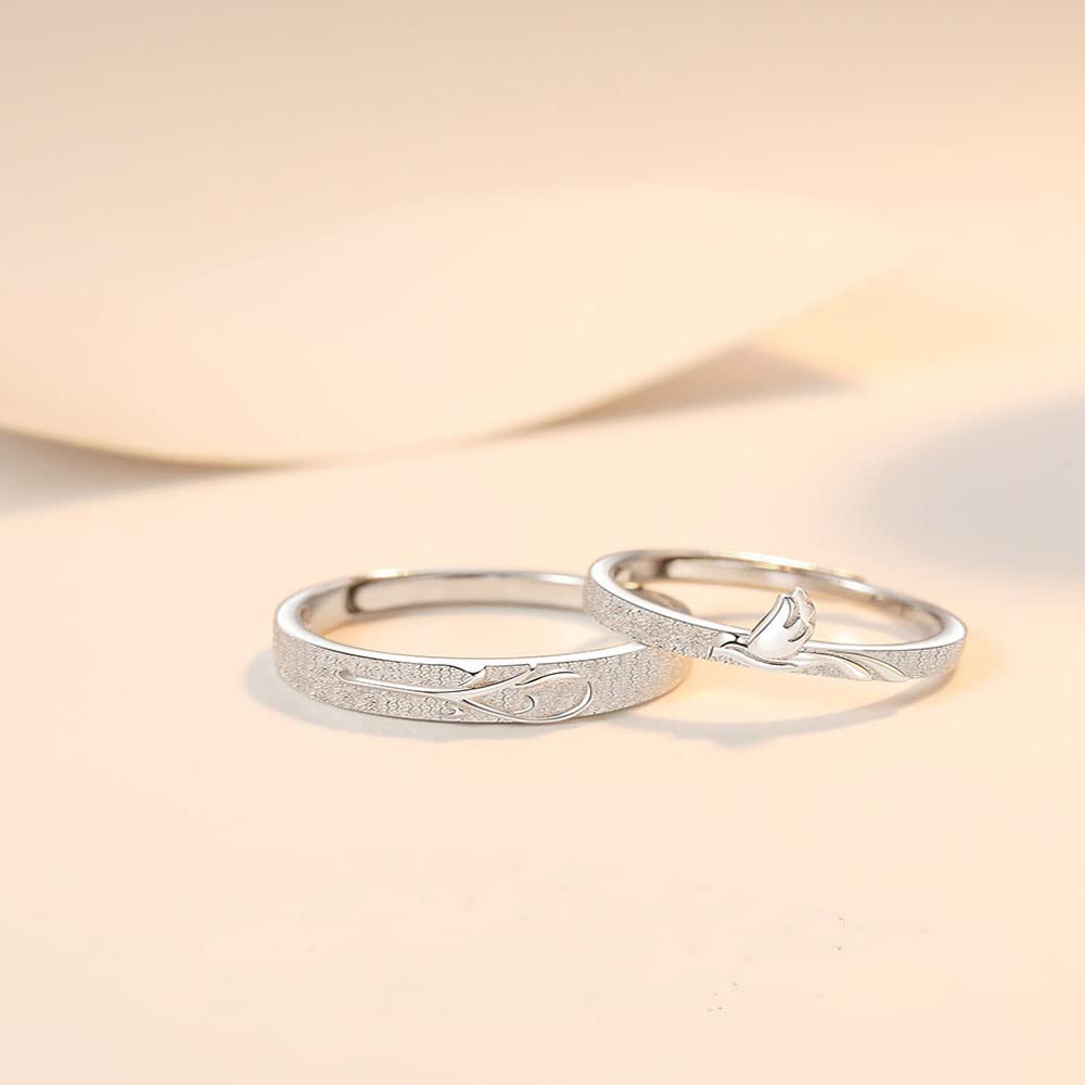 2PCS Adjustable Rings Couples Promise Engagement Rings for Him and Her Couples You Rings (Tree And Bird), Silver