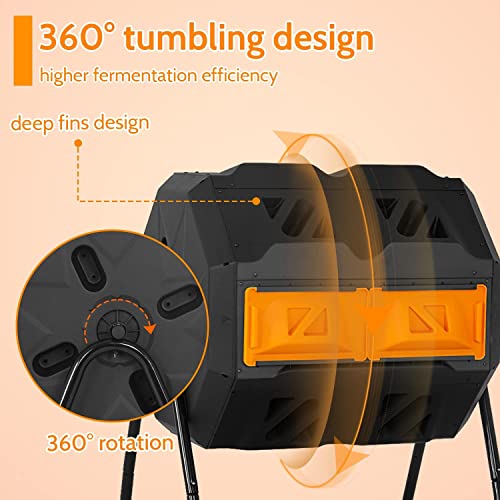 43 Gallon Compost Bin Outdoor Compost Tumbler Outdoor Composting Bin with Dual Chamber Sliding Doors, Tumbling Composter Outdoor, Manual Tiller Composters Tumbling or Rotating Outdoor