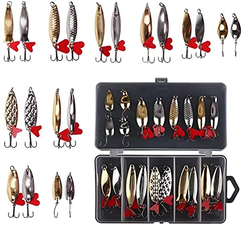 21Pcs Metal Fishing Spoon Lure SpinnerBaits Treble Hooks Tackle Fresh or Salt Water for Salmon Bass