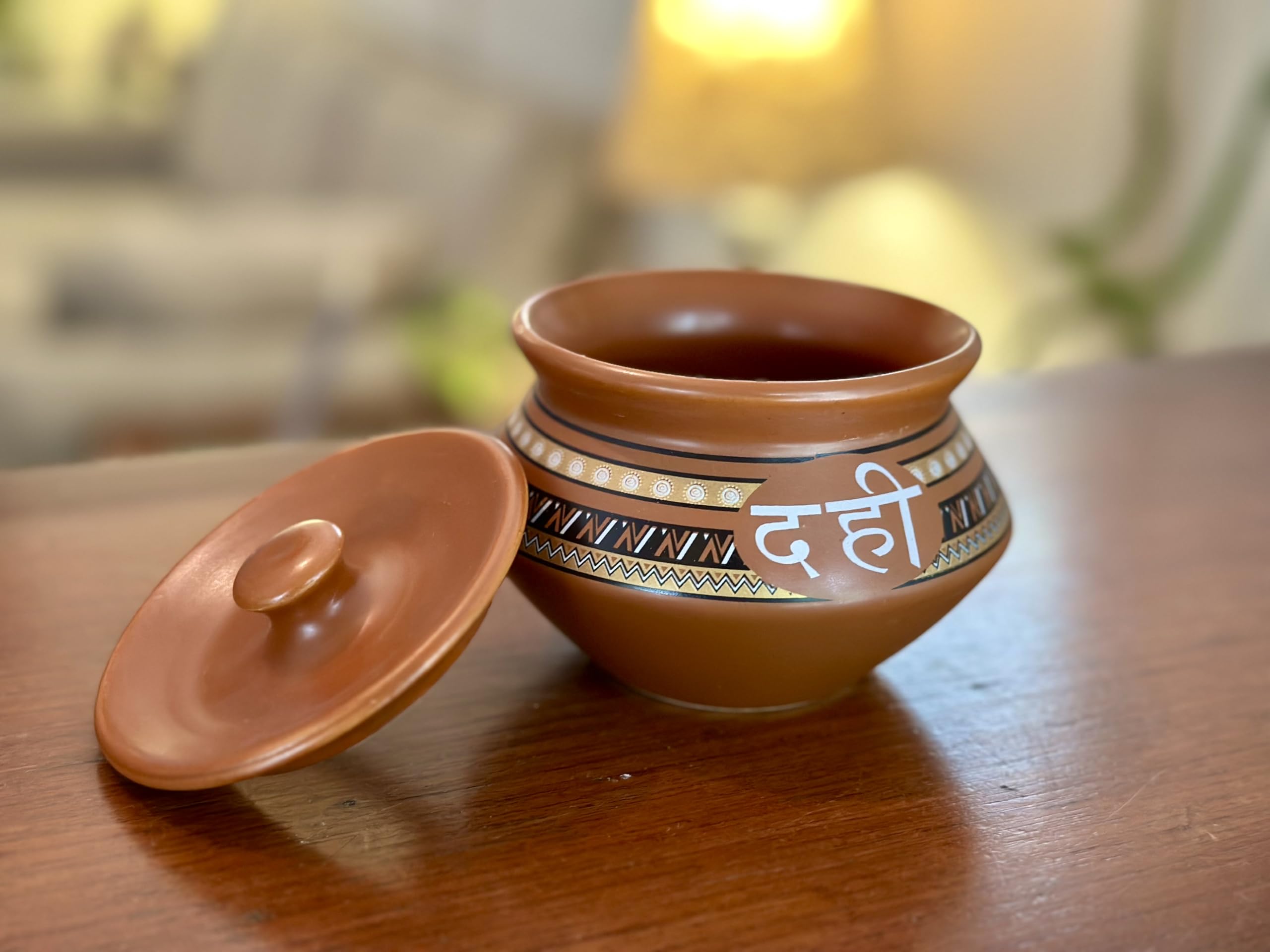 5 Inch Handmade Traditional Dahi Handi Yoghurt Curd Serving Bowl Pot Storage Container With Lid, Earthenware Clay Terracotta Artisanal Pottery, Brown Food Safe Natural Reusable Rustic Eco Friendly