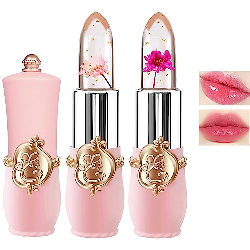 2PCS Crystal Flower Jelly Lipstick, Magic PH Temperature Color Changing Lip Gloss, Long Lasting Nutritious Moisturizing Lip Balm, Clear Color Changing Lipstick with Flower Inside
