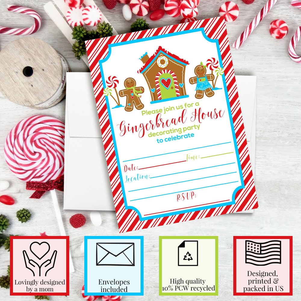 Amanda Creation Christmas Invitations with Envelopes β Gingerbread House Decorating, 20 Pack 5x7 Double Sided Fill-In Invite Cards with Twenty White Envelopes Perfect for Christmas Birthday Parties