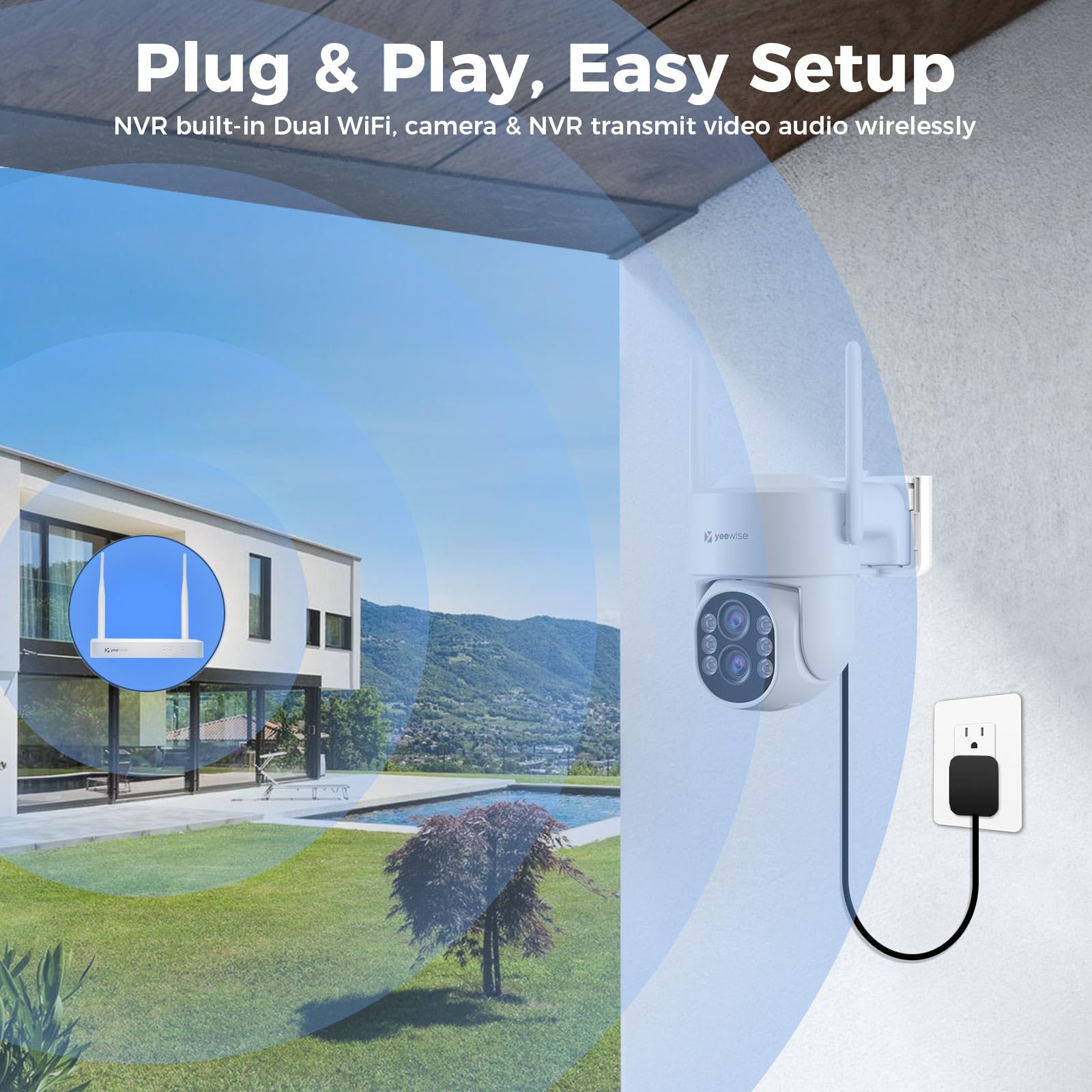 2K Wireless Security Camera System, Plug-in Outdoor PTZ WiFi Camera System, 4pcs Dual Lens Pan Tilt WiFi Camera with Auto Tracking, 10CH WiFi NVR with 500GB HDD for 24/7 Recording (Add-on Camera)
