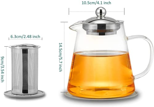 950ml/30oz Glass Teapot Kettle with Removable Stainless Steel Infuser & Matching Silicone Coasters, Stovetop & Microwave Safe Tea Pot for Loose Leaf Tea & Blooming Tea