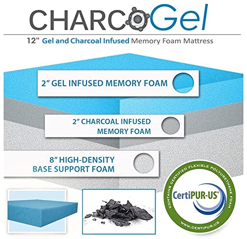 AC Pacific Charcogel Charcogel Gel Infused Memory Foam Mattress Made in USA, with Shape Contouring Features, Eastern King Deluxe, White