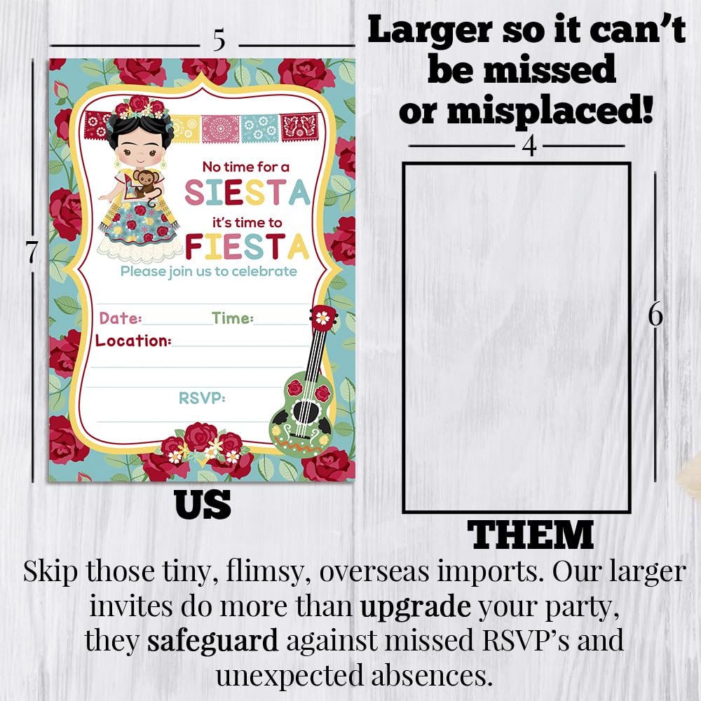 Amanda Creation Frida Fiesta Themed Birthday Party Invitations, 20 5x7 Fill In Cards with Twenty White Envelopes