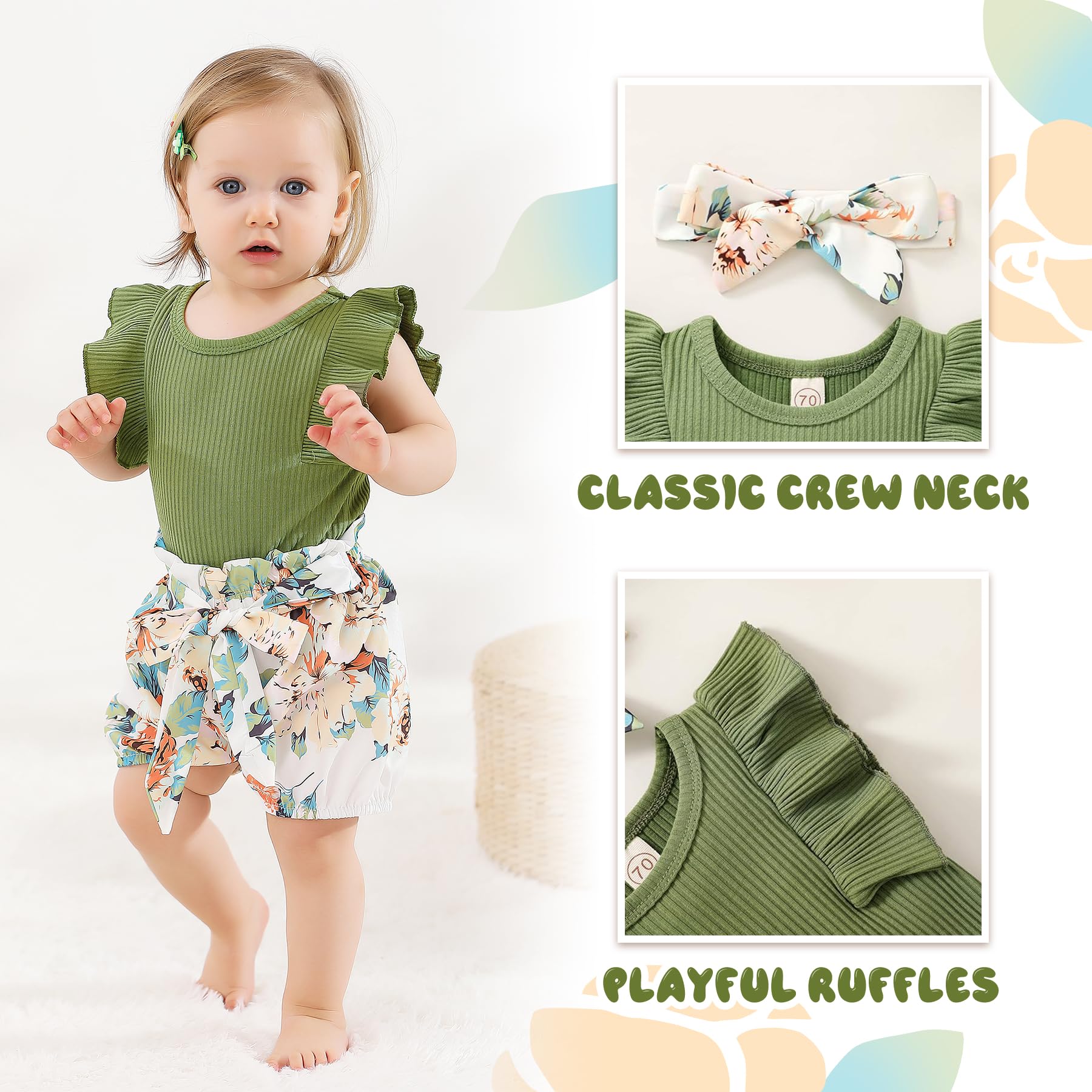 Tiny Cutey Baby Girl Clothes Infant Summer Outfits Set Ruffle Sleeve Romper and Floral Shorts with Headband (Sleeveless Green, 100)