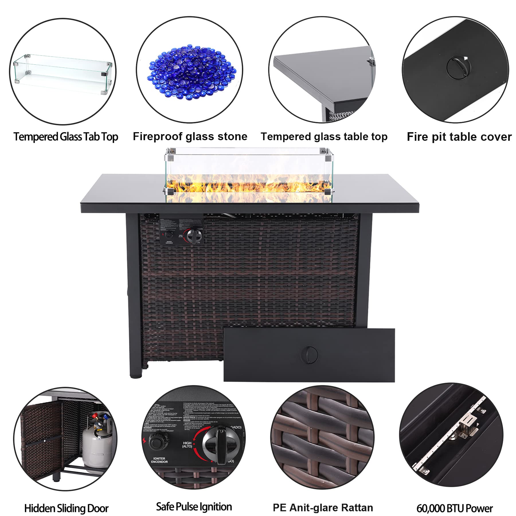 43 Inch Propane Fire Pit Table, 50,000 BTU Auto-Ignition Rattan Gas Fire Pit Table with Glass Wind Guard, CSA Approved for Outdoor Garden, Patio, Deck Poolside.