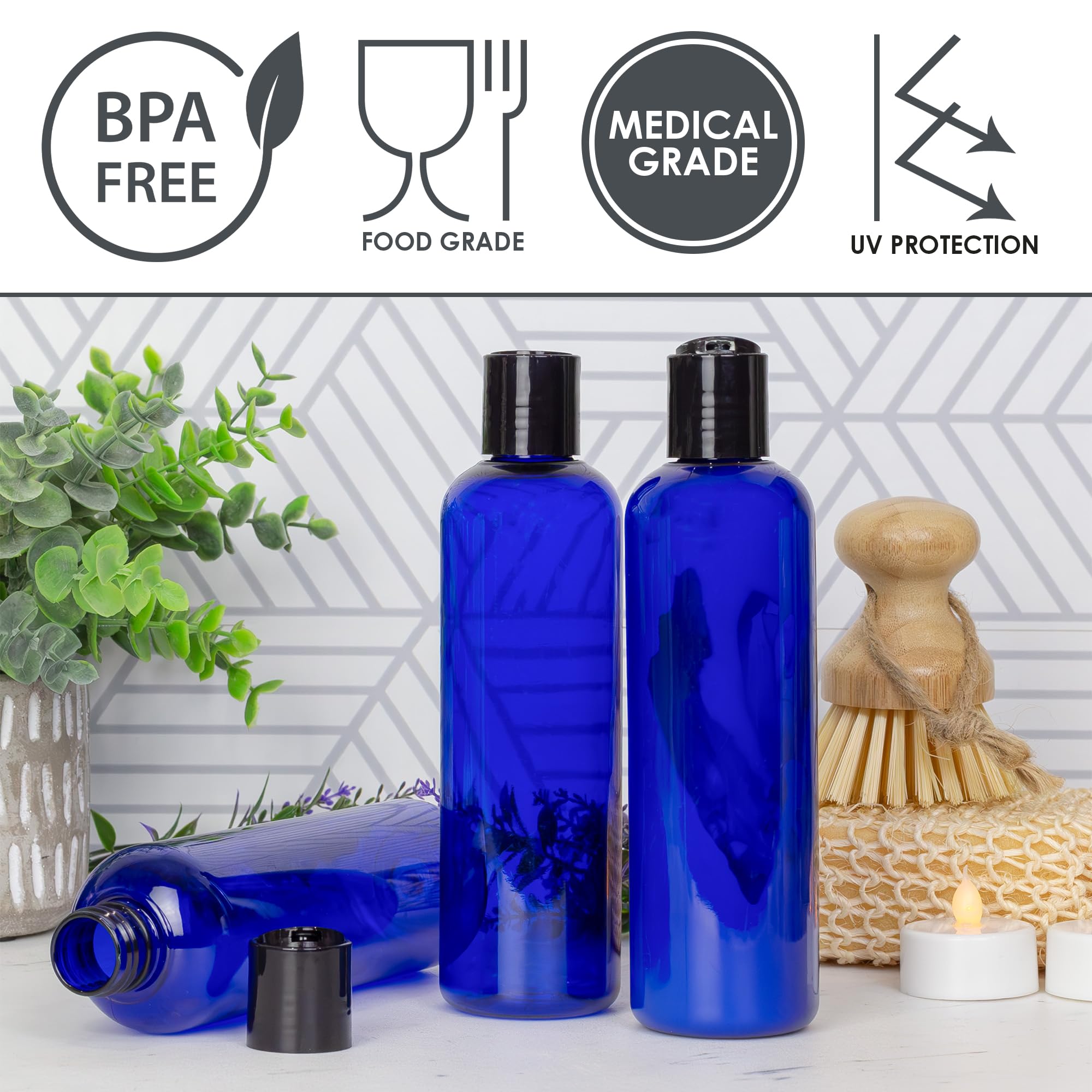 Cornucopia Brands 8oz Plastic Squeeze Bottles w/Disc Top Flip Cap (6-Pack, Blue); BPA-Free Containers For Shampoo, Lotions, Liquid Body Soap, Creams