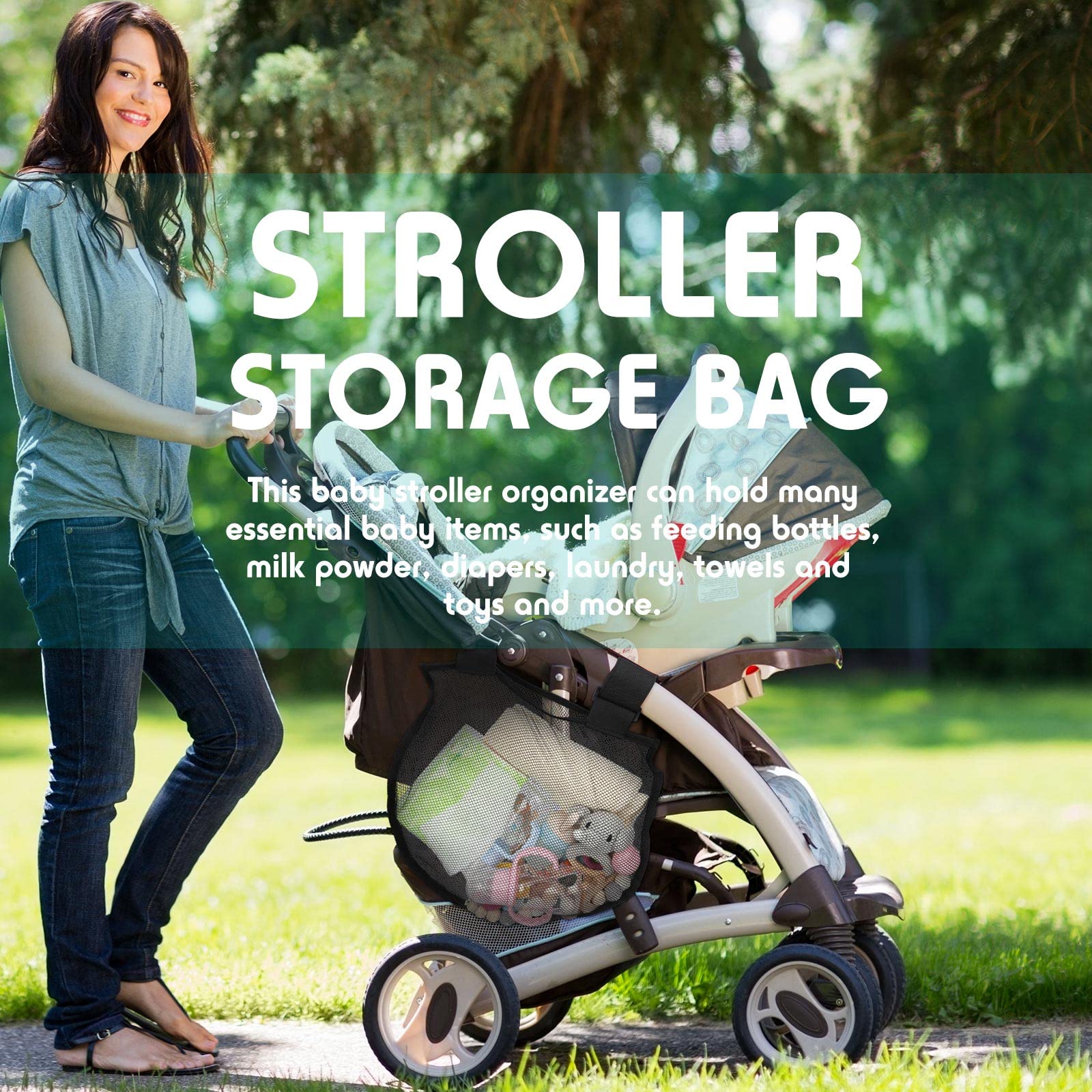 3 Pack Stroller Storage Side Sling Cargo Net Universal Baby Stroller Organizers Mesh Stroller Storage Stroller Accessories with Non Slip Adjustable Hook and Loop Straps for Bottle Milk Powder Diaper